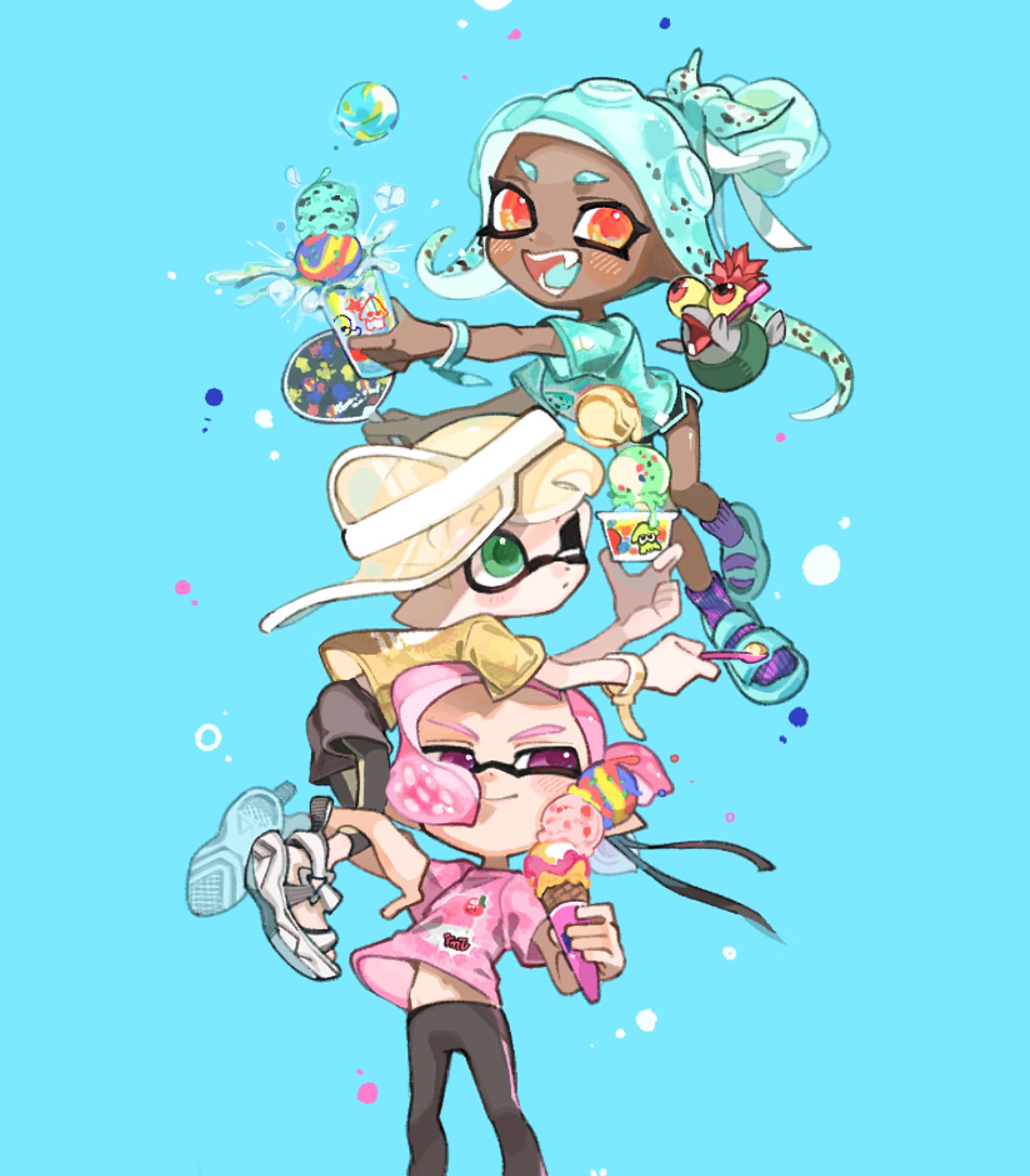 Safebooru - 1girl 2boys backwards hat black leggings black shorts blonde hair blue background ...