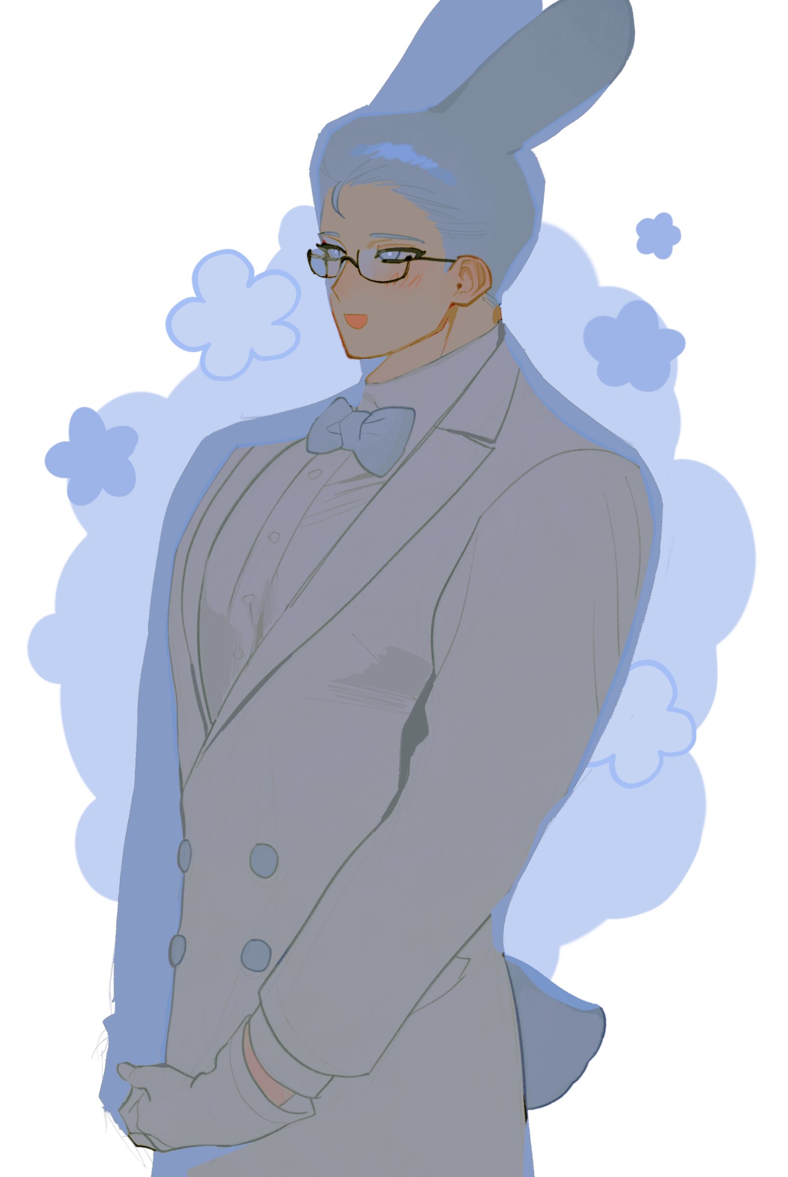 Safebooru - 1boy animal ears black-framed eyewear blue background blue bow blue bowtie blue eyes ...