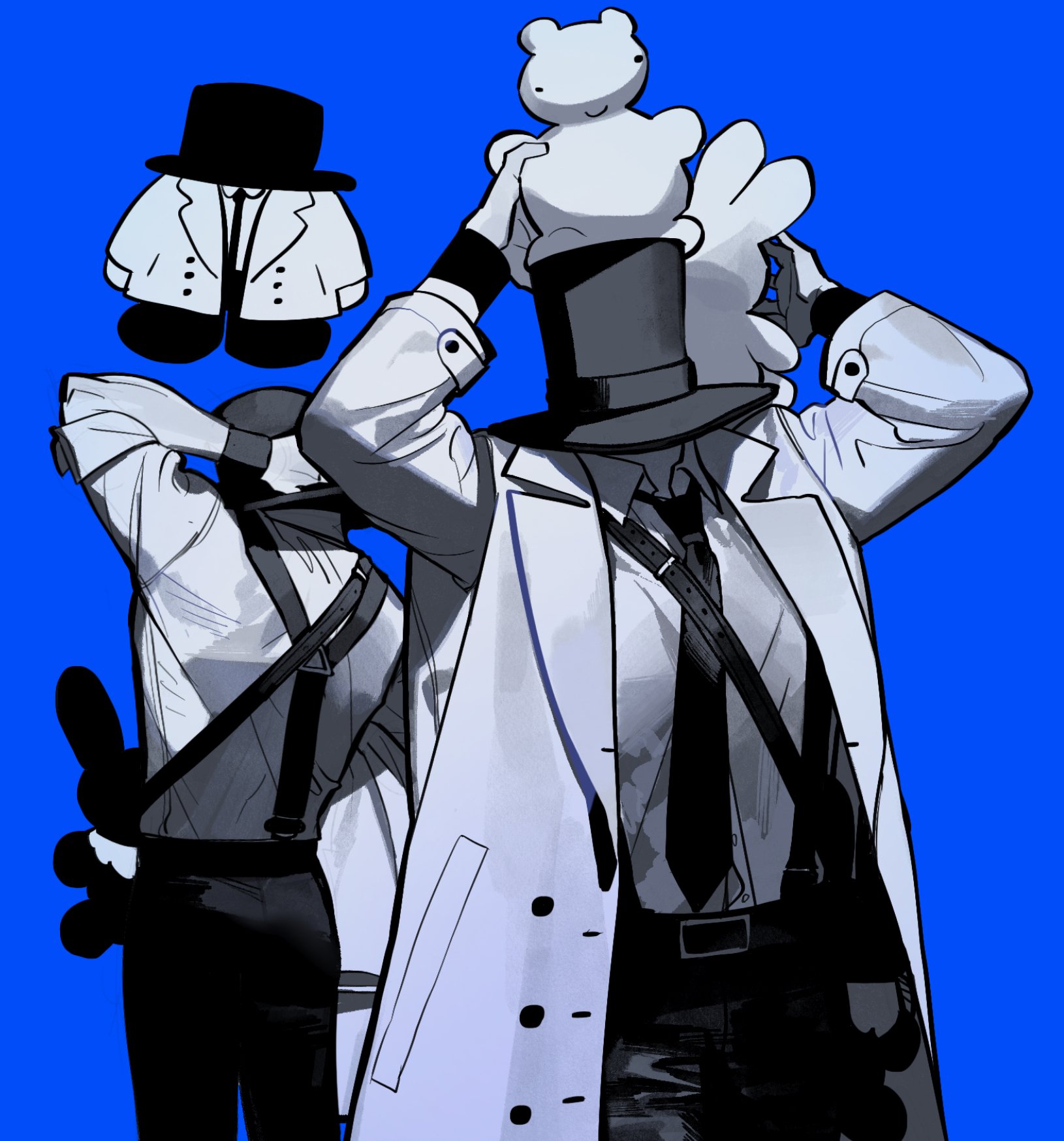 Safebooru - 1boy animal bag arm behind back arms up black bag black headwear black necktie black ...