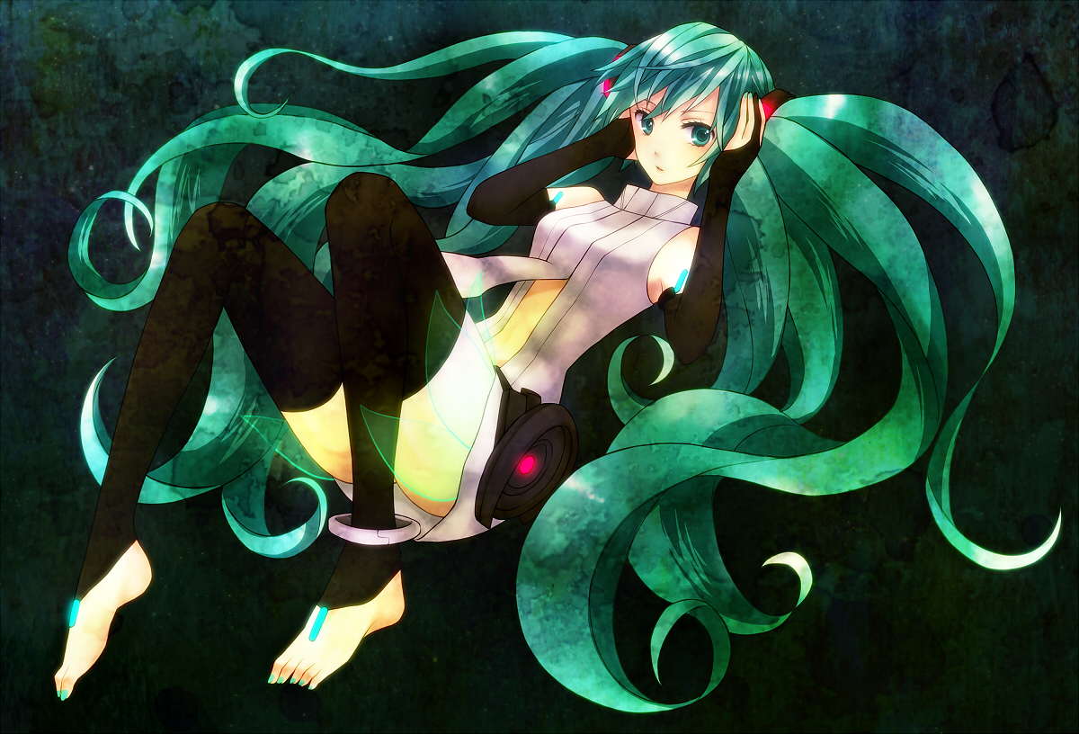 Safebooru - aqua eyes aqua hair bad id barefoot bridal gauntlets feet glowing hatsune miku ...
