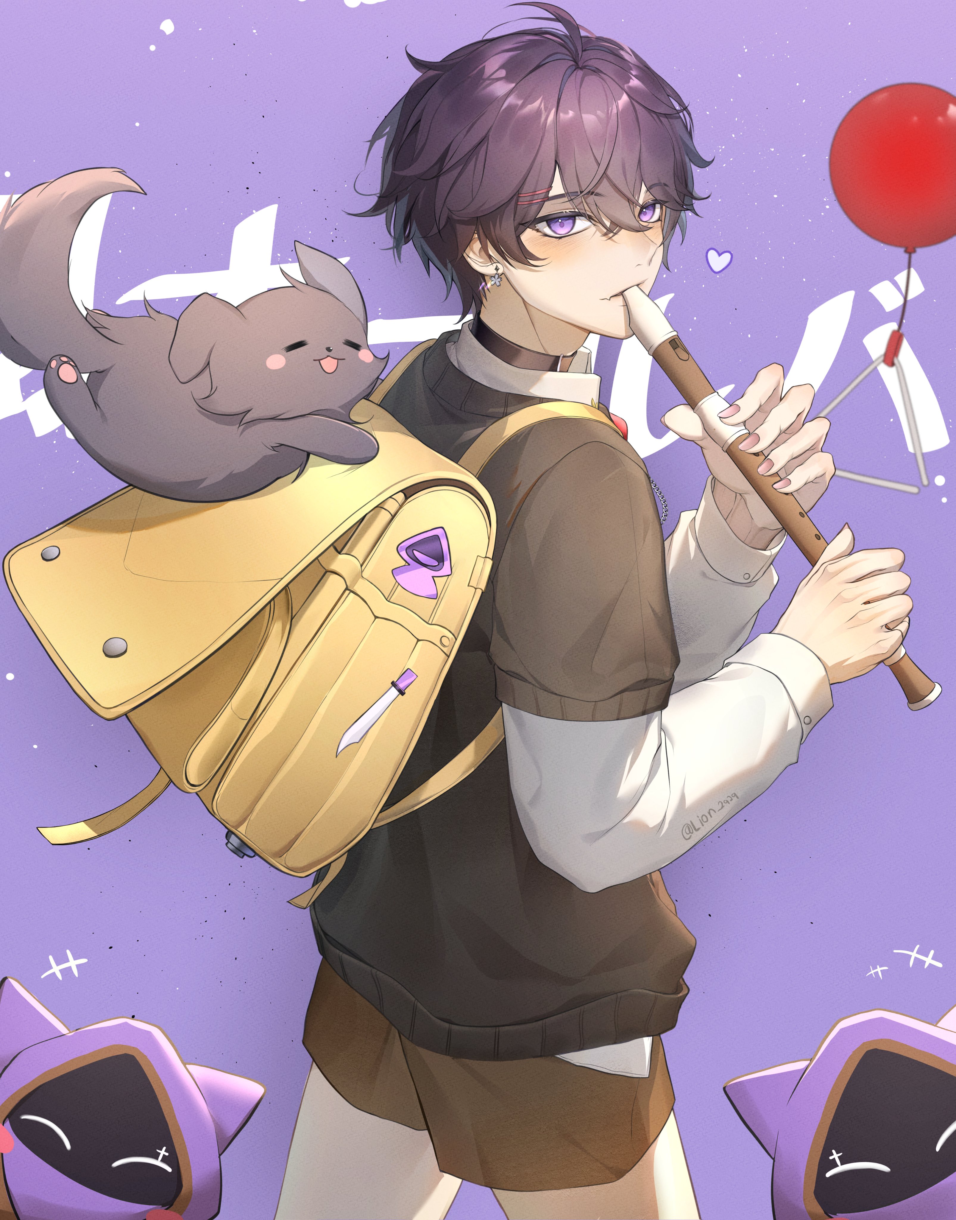 Safebooru - +++ 1boy ^ ^ absurdres ahoge artist name backpack bag balloon black collar blush ...