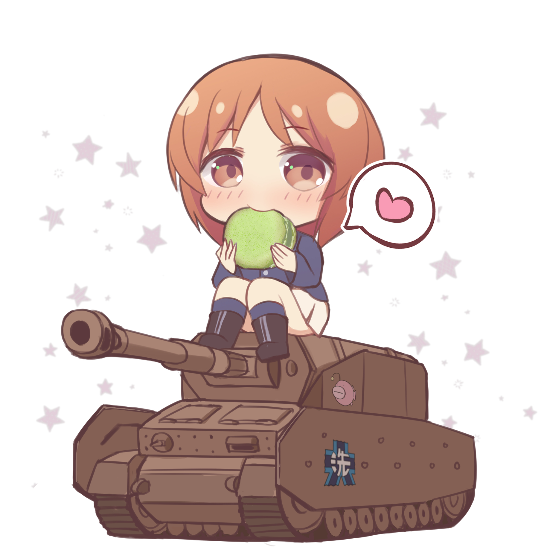 Safebooru - 1girl blue jacket brown eyes brown hair chibi eating food ...
