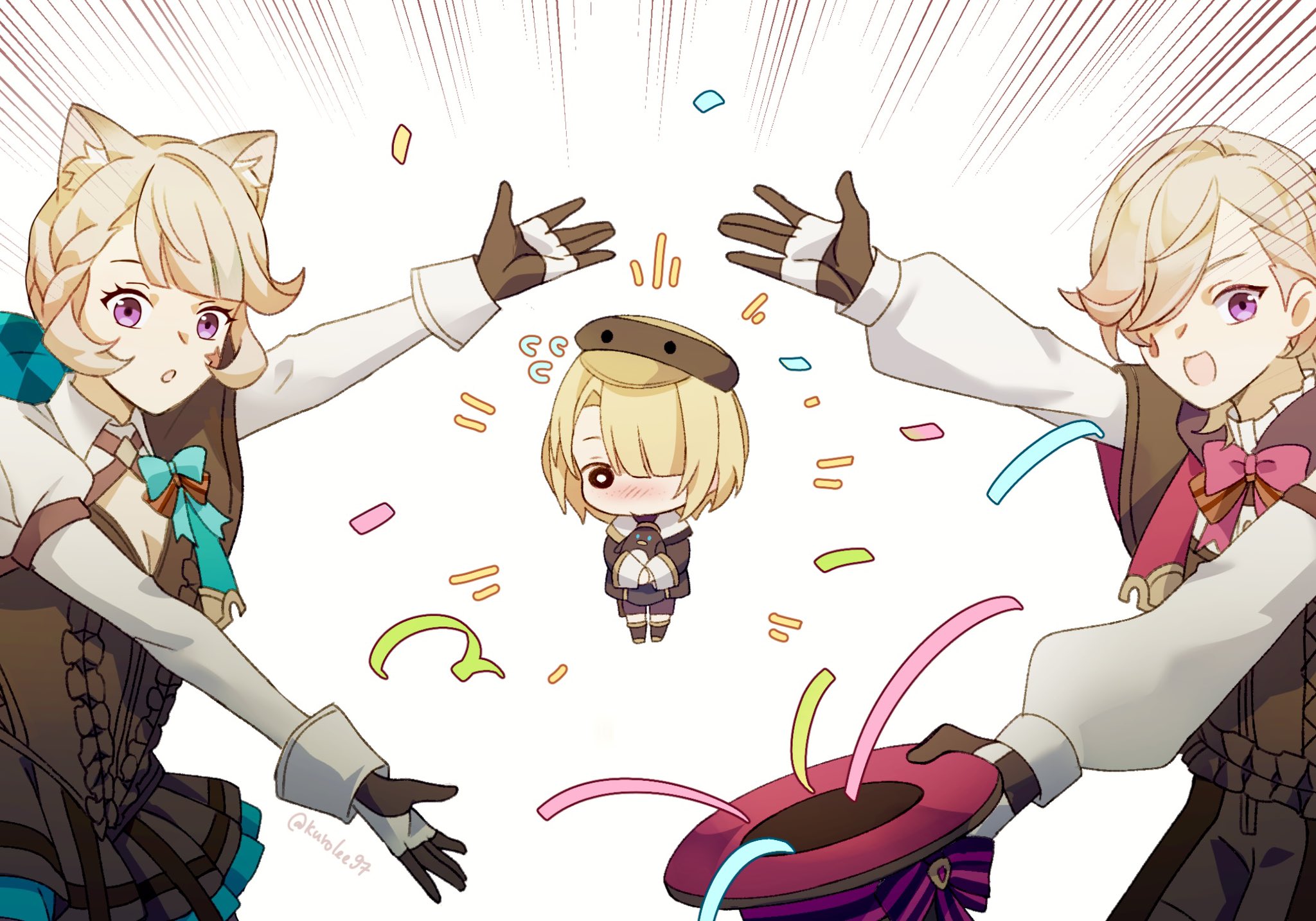 Safebooru - 1girl 2boys :o animal ear fluff animal ears aqua bow aqua bowtie arm up artist name ...