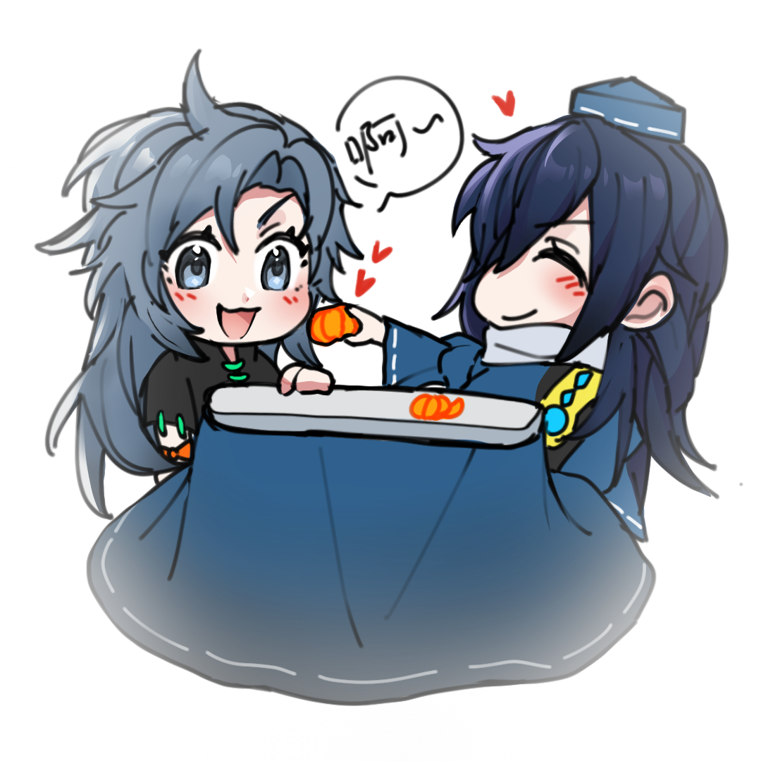 Safebooru - 2girls :3 black shirt blue eyes blue hair blue headwear blue shirt blush chibi ...