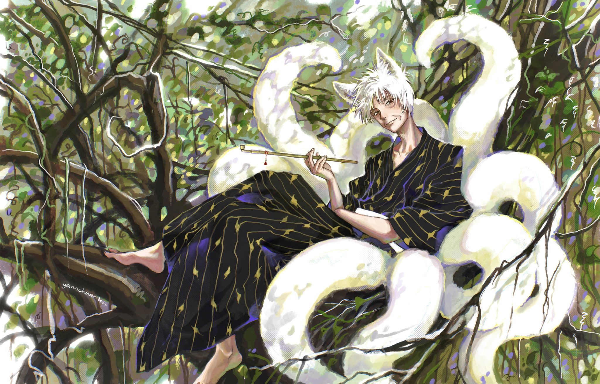 Safebooru - 1boy akagi shigeru animal ears barefoot black kimono ...