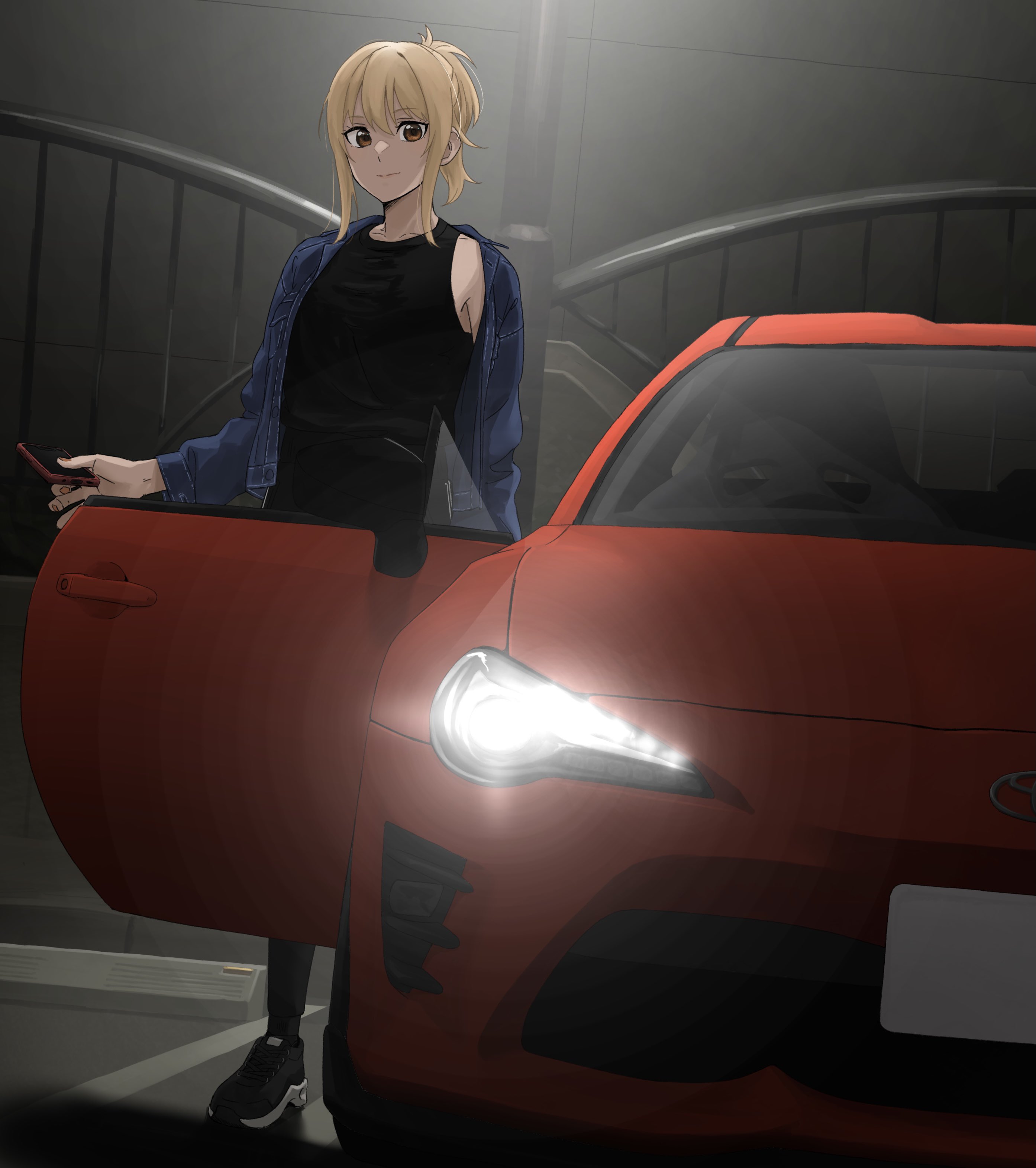 Safebooru - 1girl absurdres black footwear black pants black shirt blonde hair blue jacket car ...