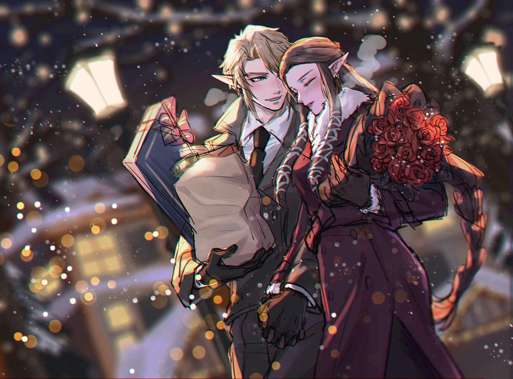 Safebooru - 1boy 1girl bag black gloves black necktie black pantyhose blonde hair blue eyes ...