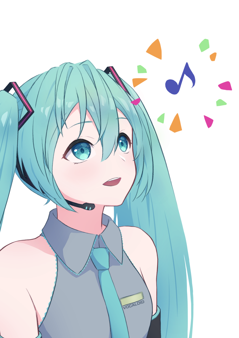 Safebooru - 1girl aqua eyes aqua hair aqua necktie bare shoulders black sleeves blush blush ...