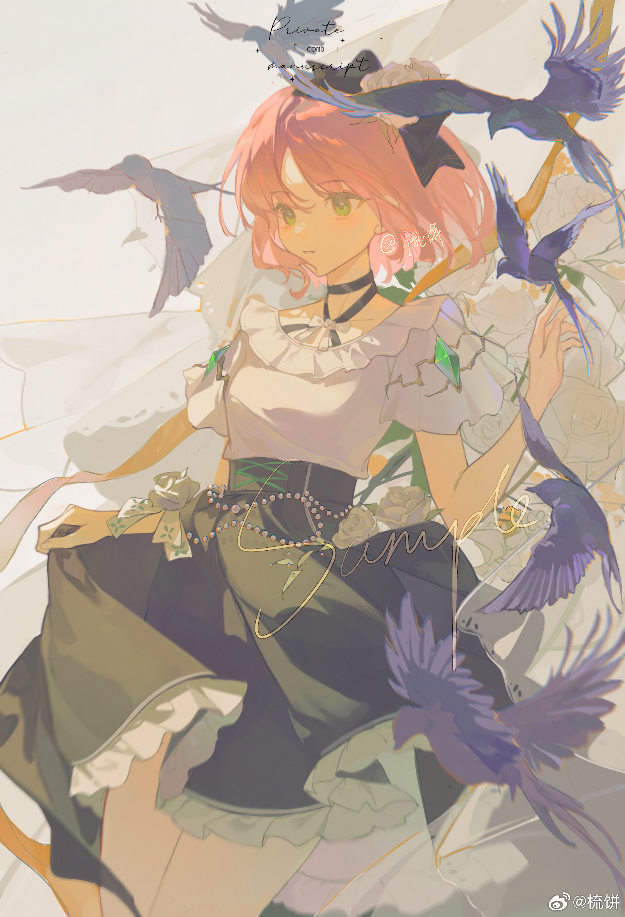 Safebooru - 1girl absurdres artist name bare legs bird black choker black ribbon black skirt bob ...