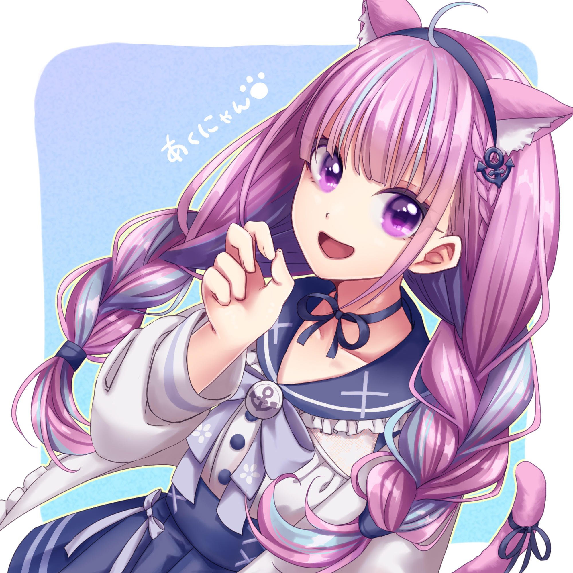 Safebooru - 1girl :d ahoge anchor hair ornament animal ears aqua hair black hairband blue ...