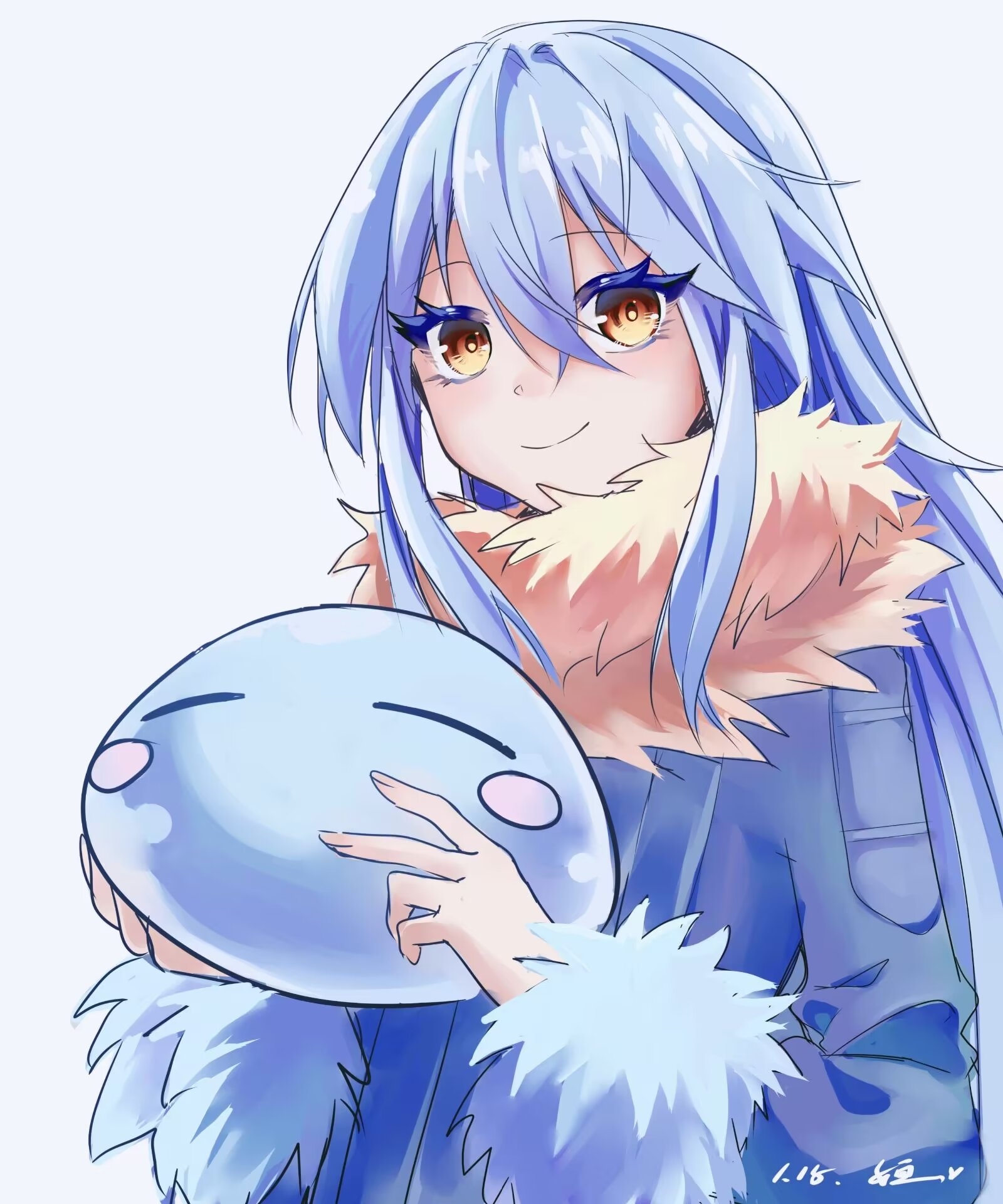 Safebooru - 1other = = androgynous blue hair blue jacket blush stickers ...