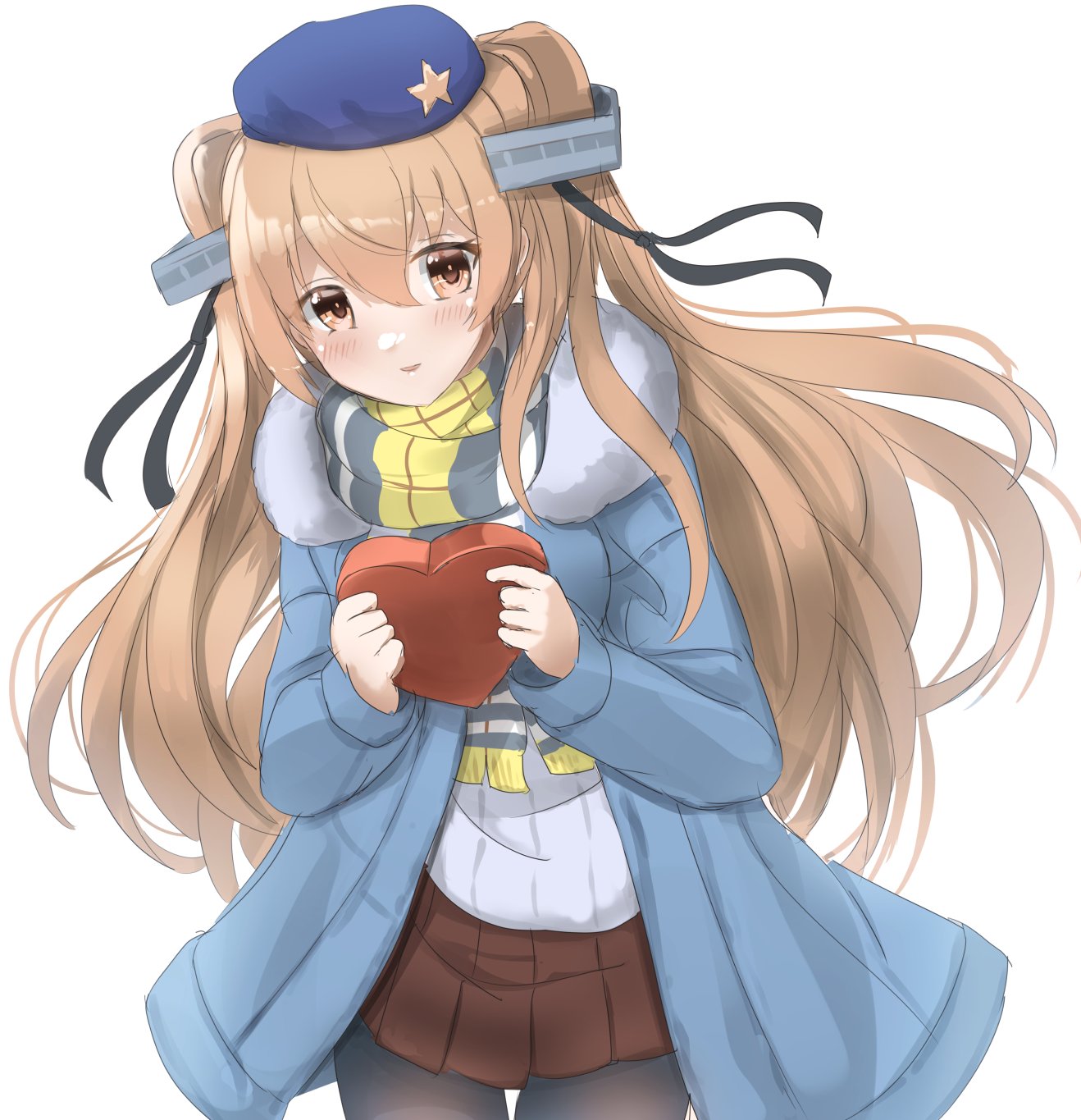Safebooru - 1girl beret black pantyhose blue coat blue headwear box brown eyes brown skirt coat ...