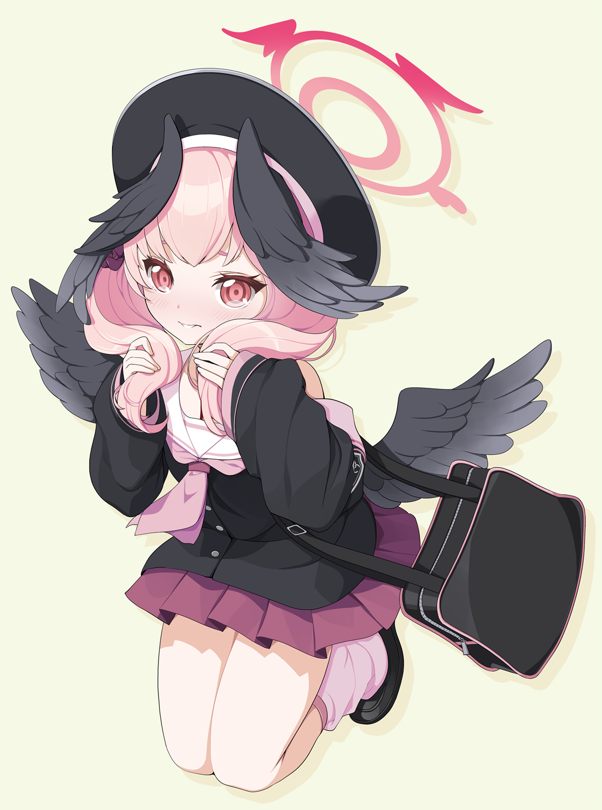 Safebooru - 1girl bag beret black footwear black headwear black shirt black wings blue archive ...