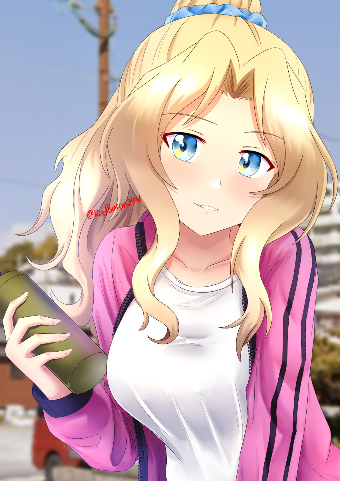 Safebooru - 1girl alternate hairstyle blonde hair blue eyes blue scrunchie blue sky blurry ...