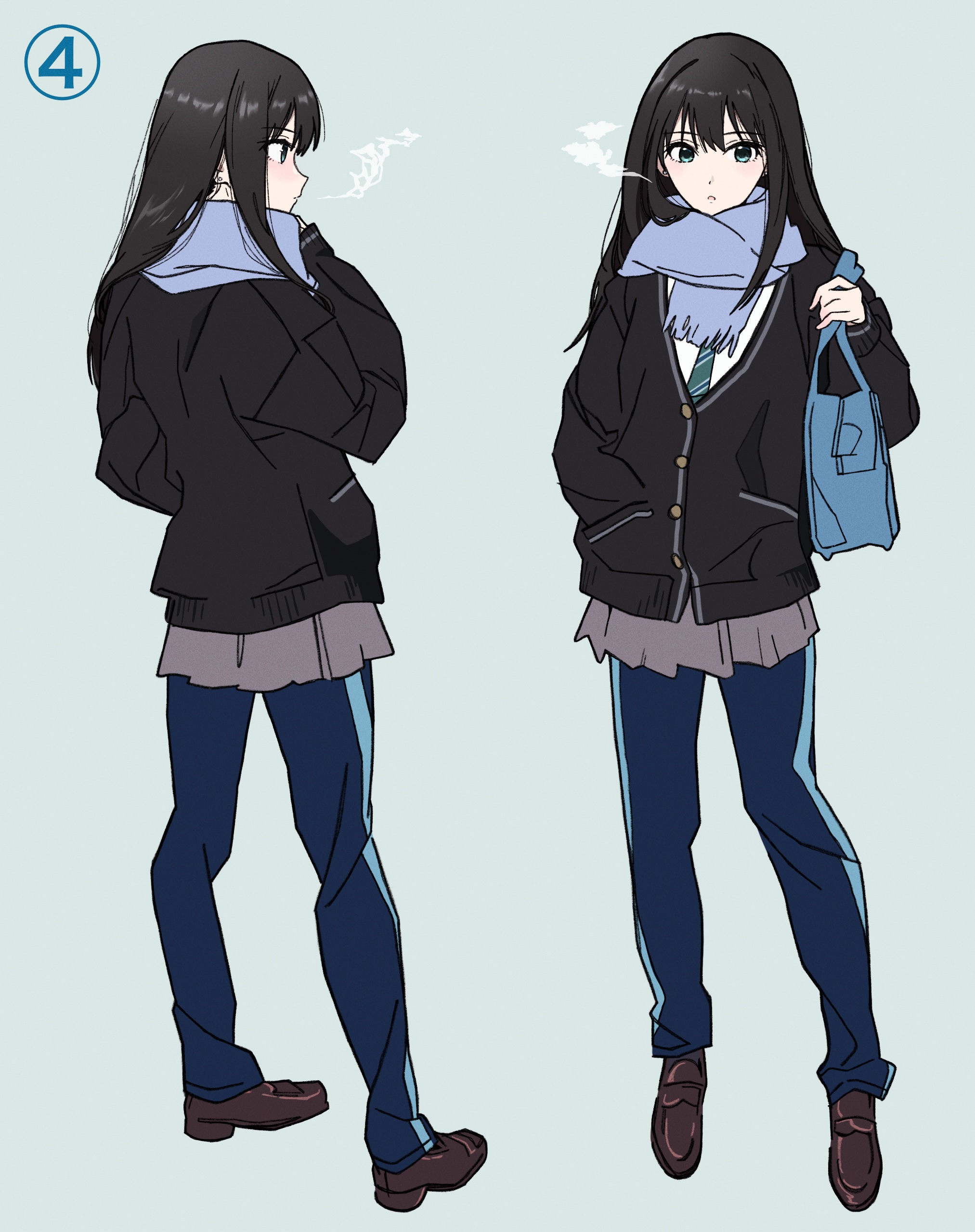 Safebooru - 1girl absurdres bag black cardigan black hair bloom into me15 blue scarf breath ...
