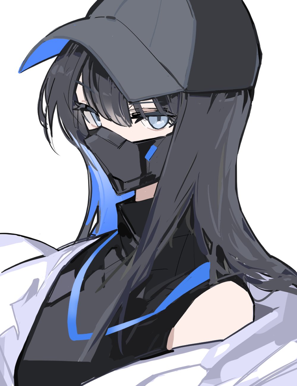 Safebooru - 1girl baseball cap black hair black headwear black shirt blue archive blue hair ...