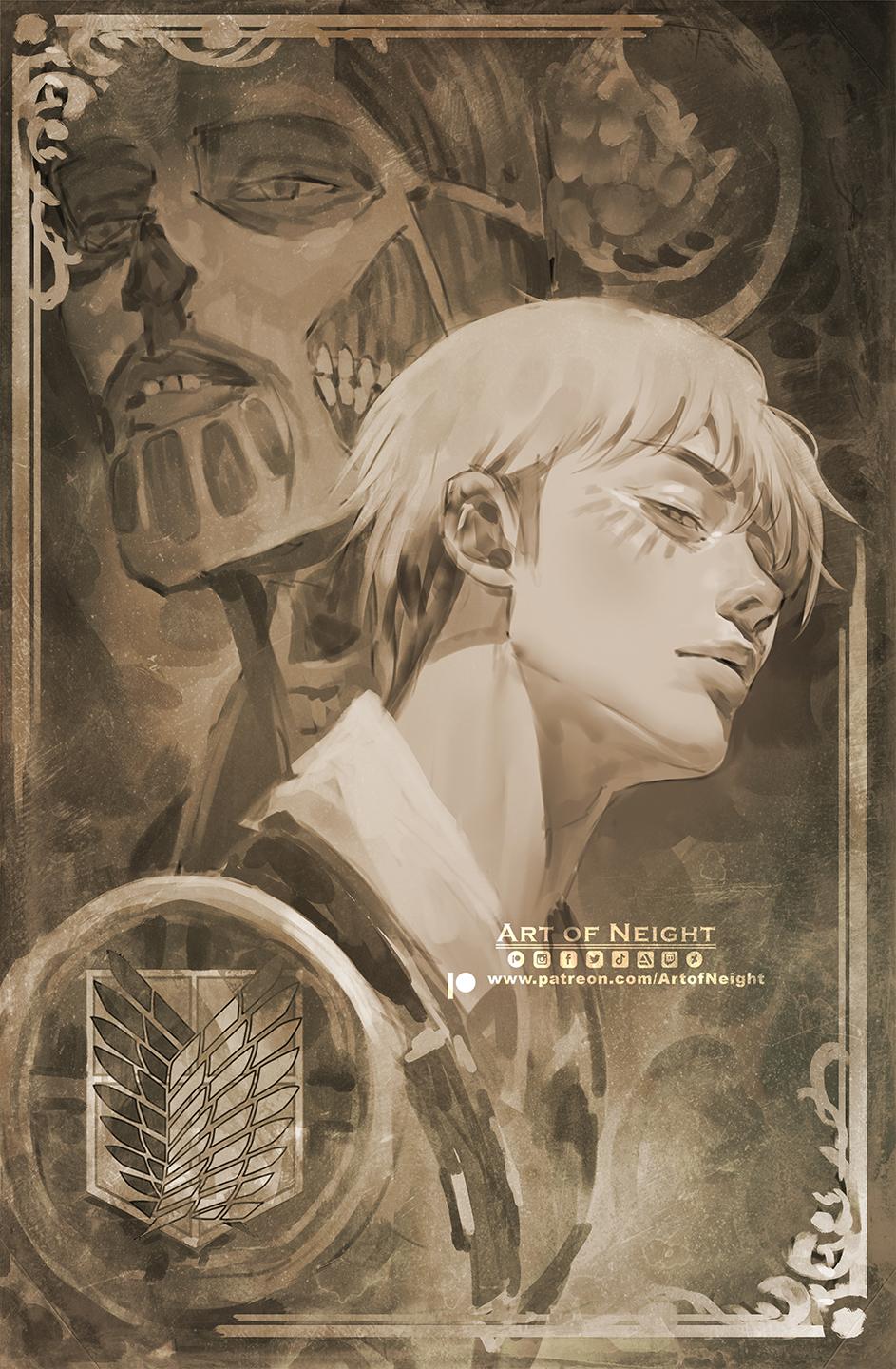 Safebooru - 2boys armin arlert art of neight brown theme colossal titan ...