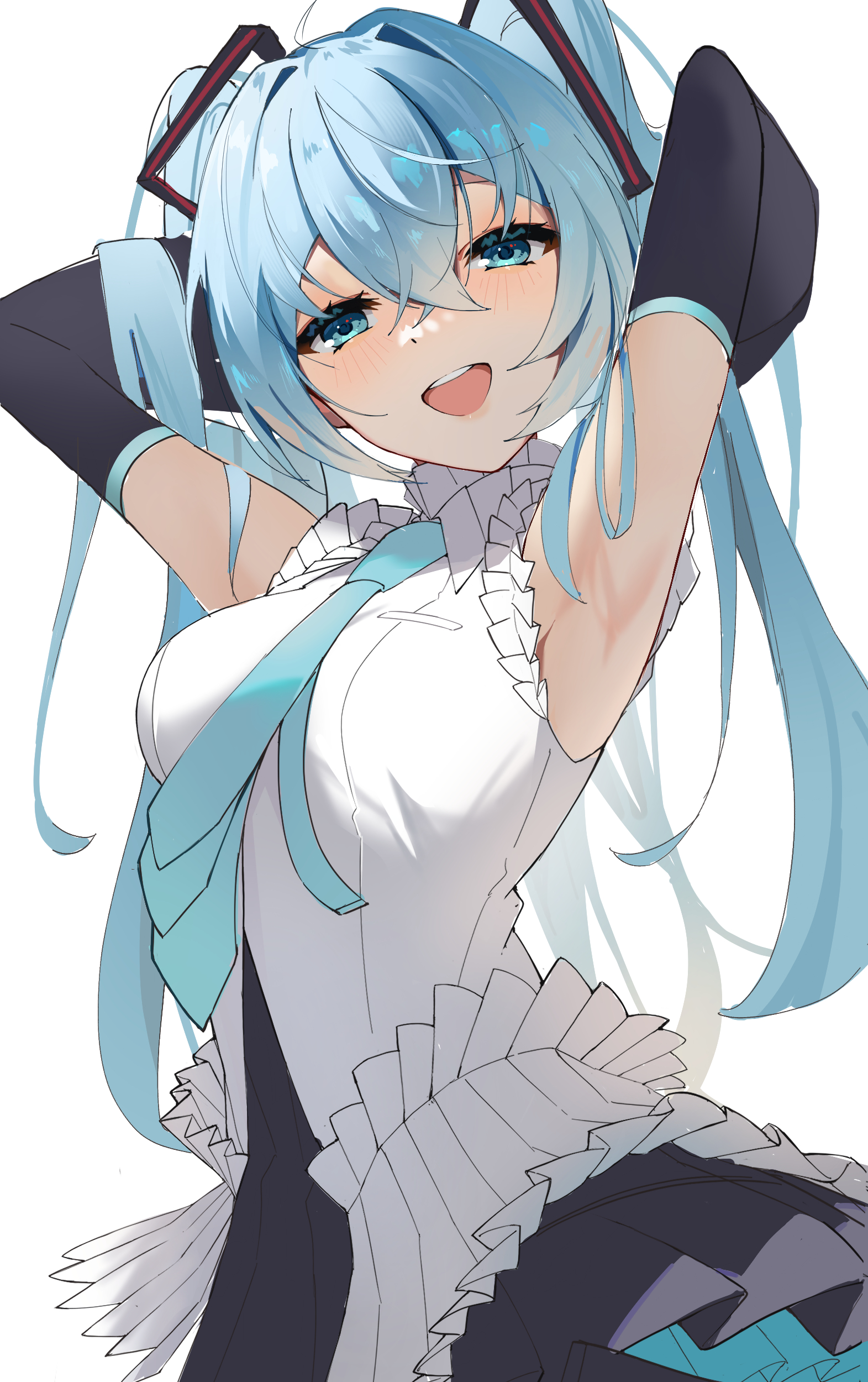 Safebooru - 1girl :d absurdres armpits arms behind head arms up black skirt black sleeves blue ...
