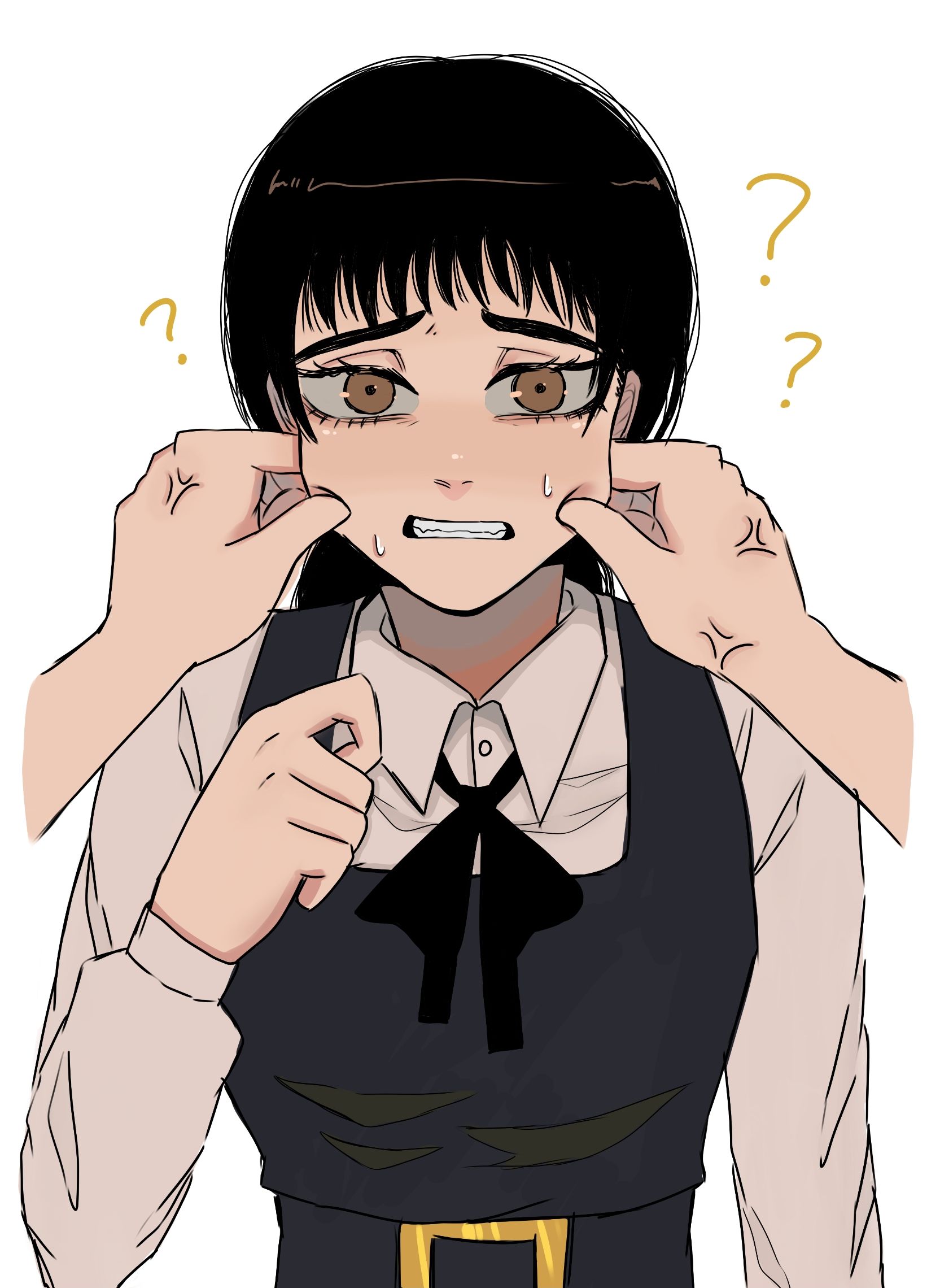 Safebooru - 1girl 1other ? anger vein black hair brown eyes chainsaw man cheek pinching clenched ...