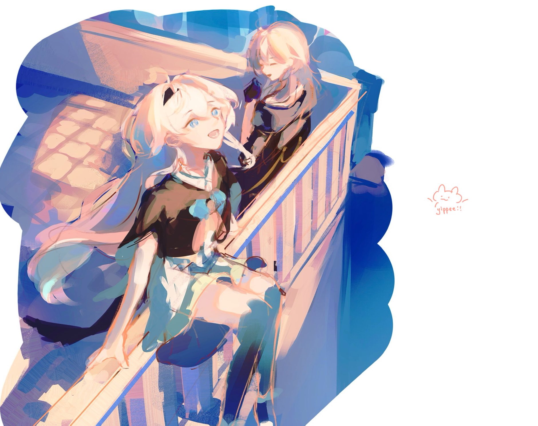 Safebooru - ! !! 2girls :d arms at sides black hairband black jacket blue eyes blue skirt blue ...