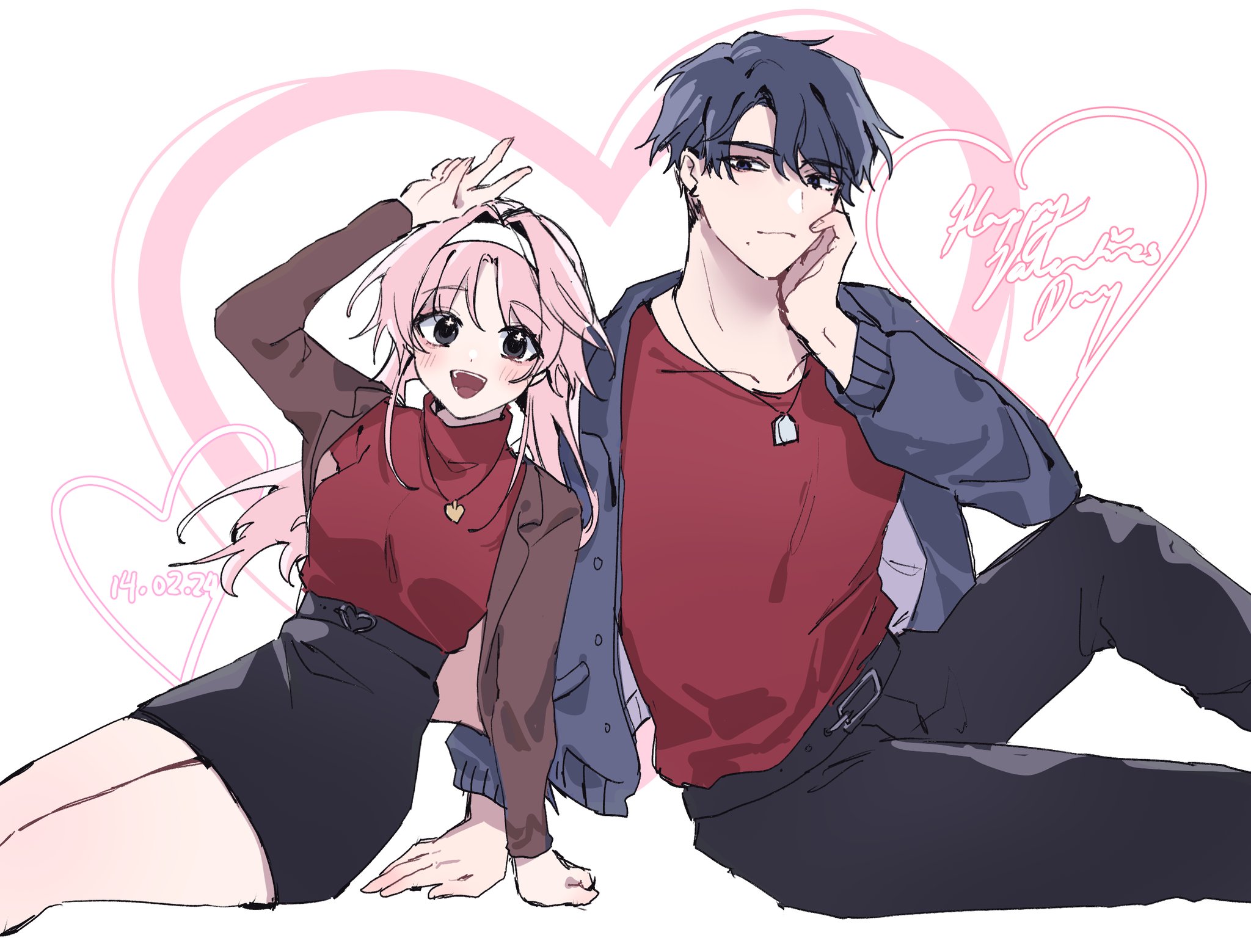 Safebooru - 1boy 1girl :d arm support arm up black eyes black hair black pants black skirt blue ...