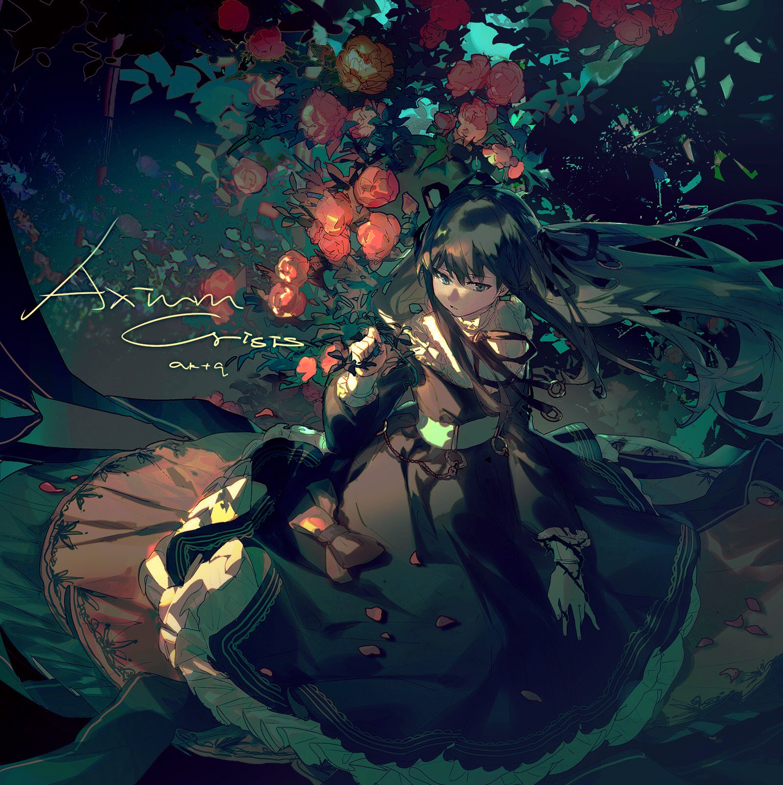 Safebooru - 1girl arcaea black dress black hair black ribbon blue eyes commentary dress english ...