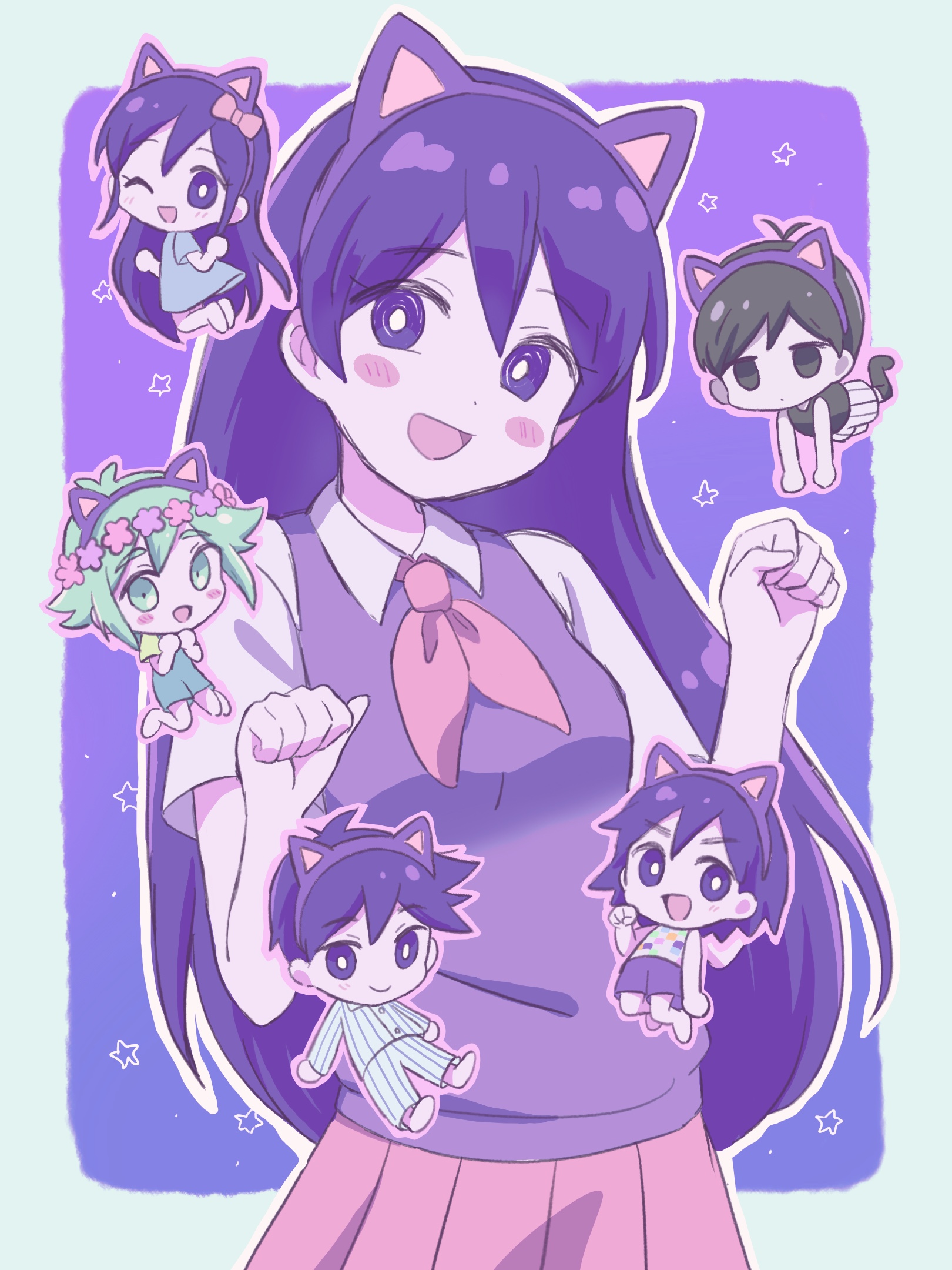 Safebooru - 2girls 4boys ahoge animal ears aubrey (headspace) (omori) aubrey (omori) barefoot ...