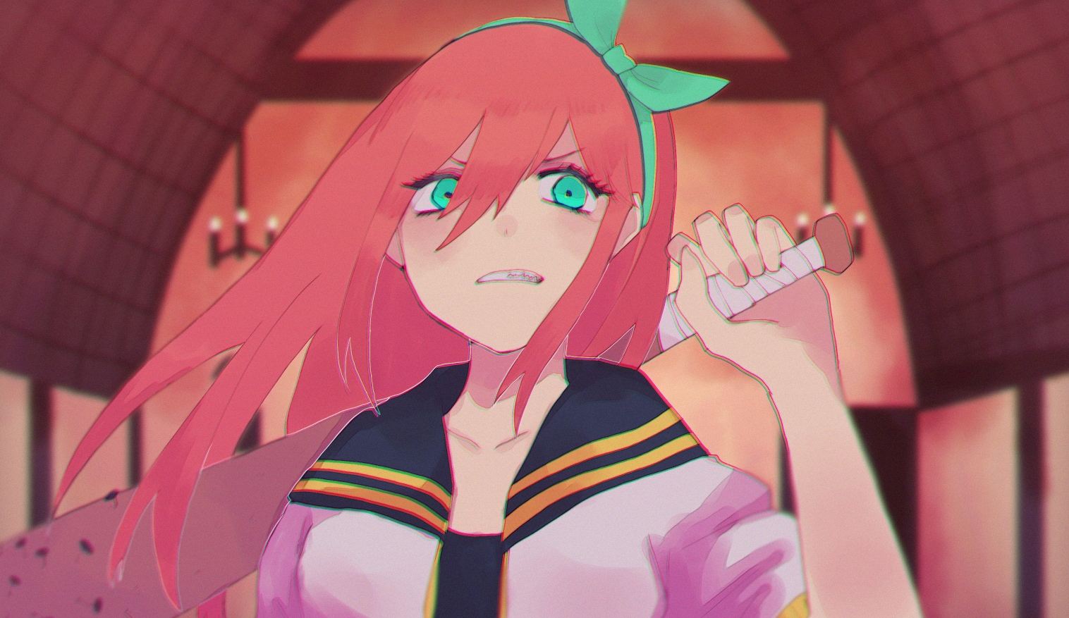 Safebooru - 1girl angry aqua eyes aqua hairband aubrey (faraway) (omori) aubrey (omori) baseball ...