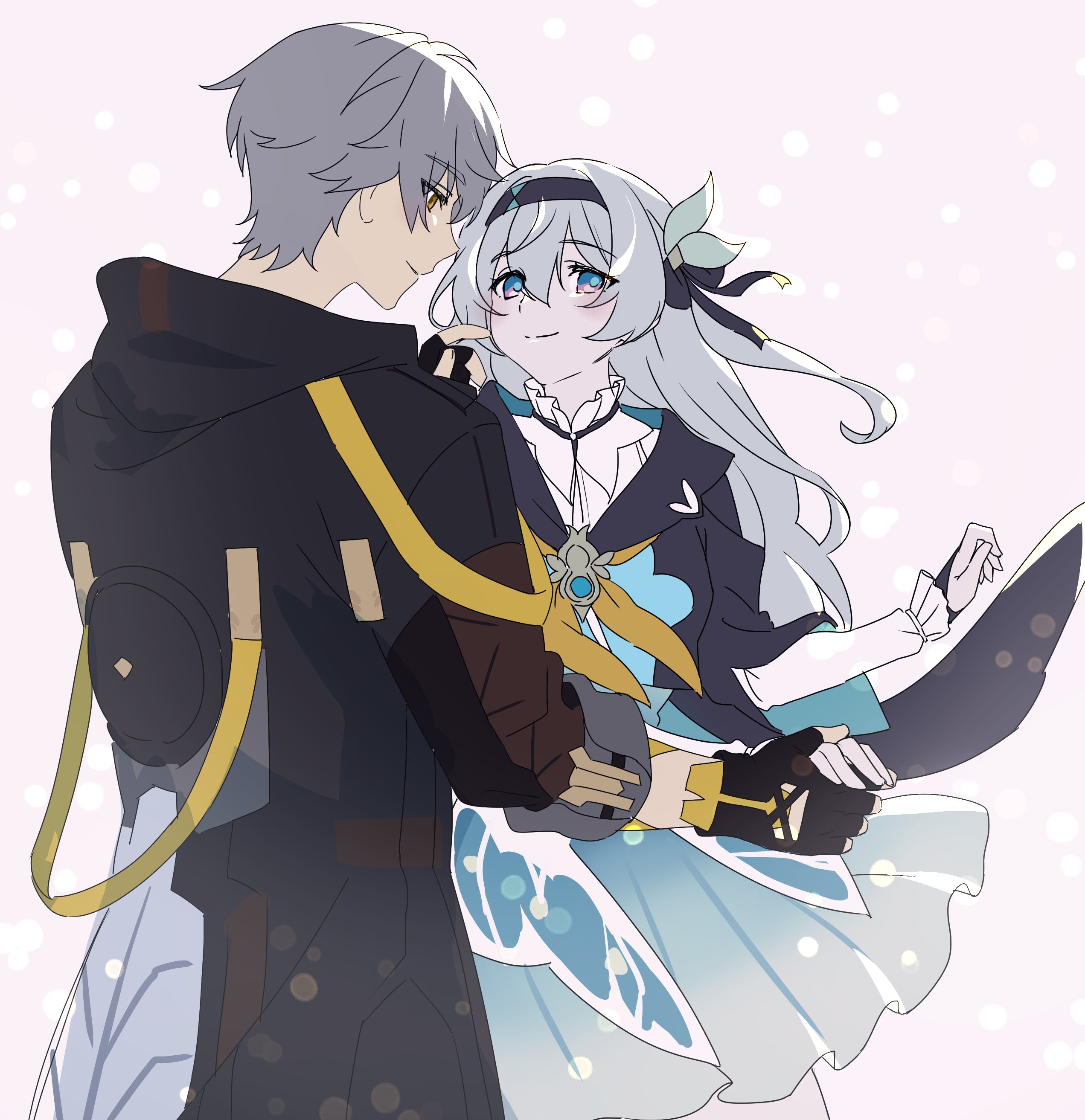 Safebooru - 1boy 1girl absurdres black cape black gloves black hairband black jacket black ...