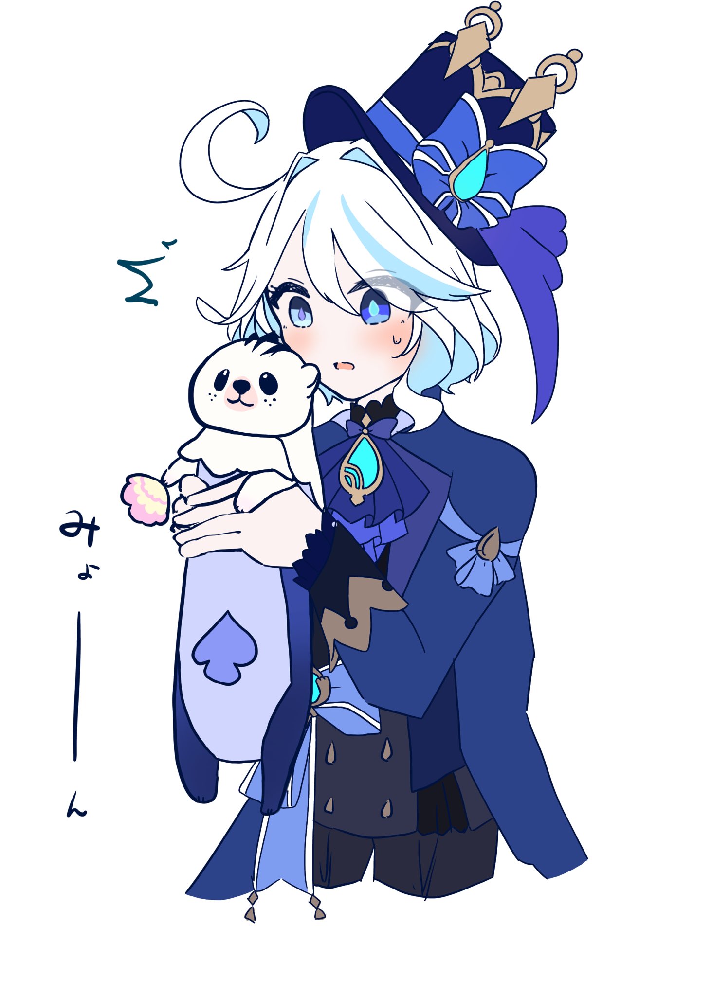 Safebooru - 1girl ahoge animal ascot black pants black shirt blue ascot blue eyes blue headwear ...