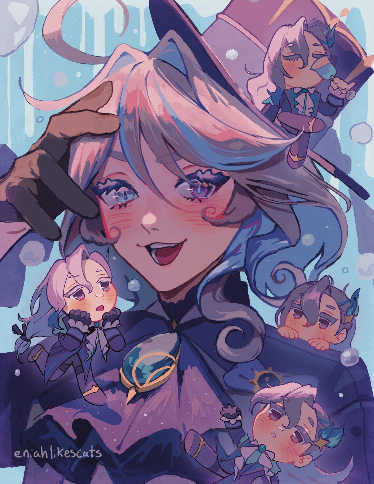 Safebooru - 1girl 4boys ahoge arm up artist name ascot black gloves blue background blue eyes ...