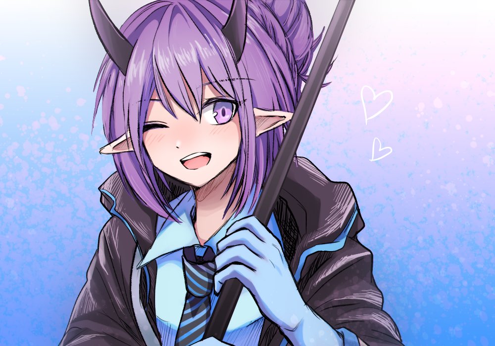 Safebooru - 1girl 3 (sanyako1) ;d arknights black horns black jacket black necktie blue necktie ...