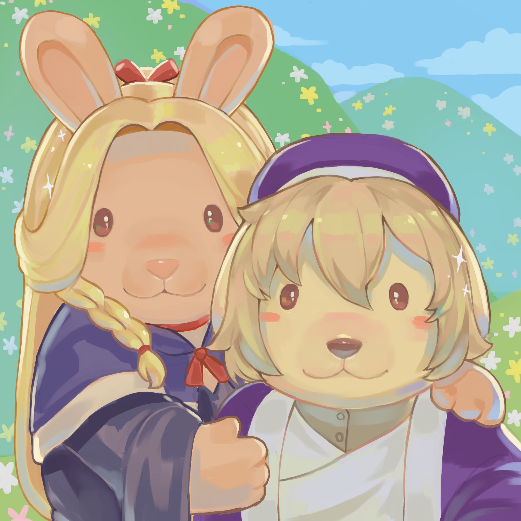 Safebooru - 2girls animalization blonde hair blue sky braid clouds day dungeon meshi falin ...