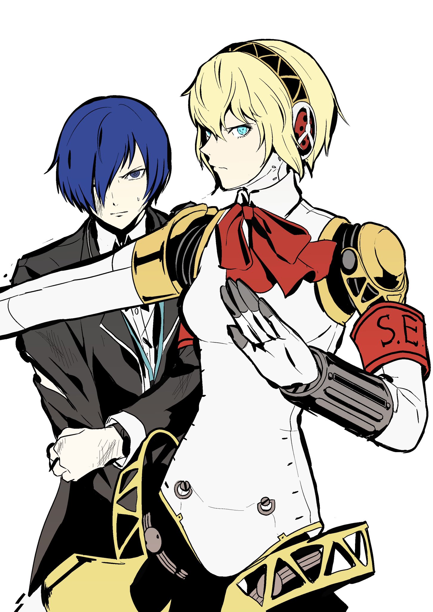 Safebooru - 1boy 1girl aegis (persona) android blonde hair blue eyes blue hair bow closed mouth ...