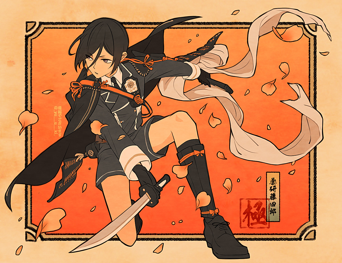 Safebooru - 1boy armor black cape black footwear black gloves black hair black necktie black ...