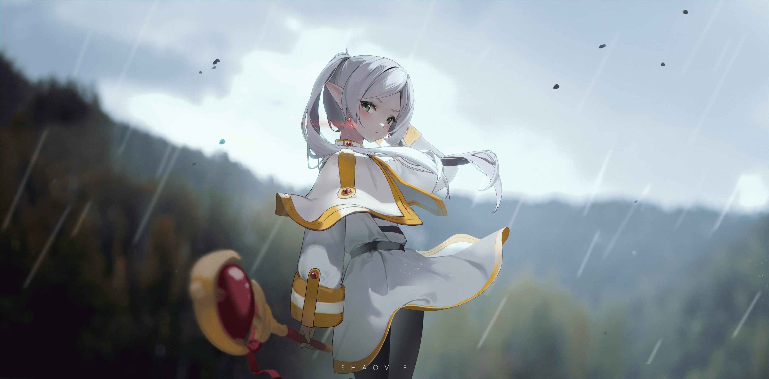 Safebooru - 1girl absurdres artist name belt blurry blurry background blush capelet clouds ...