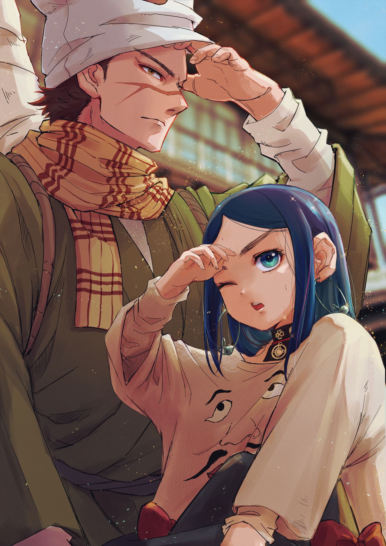Safebooru - 1boy 1girl asirpa blue eyes blue hair blurry blurry background brown eyes brown hair ...