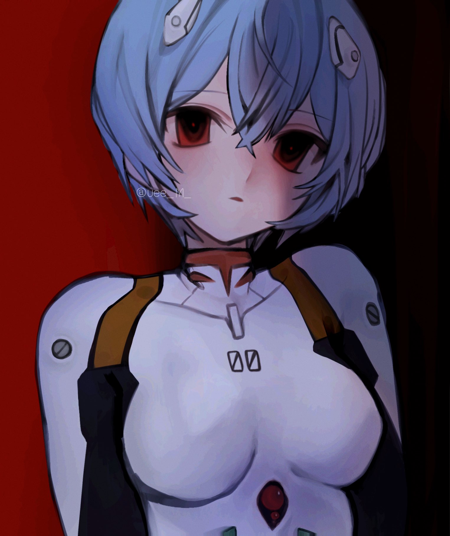 Safebooru - 1girl ayanami rei blue hair bodysuit breasts crossed bangs hair between eyes highres ...