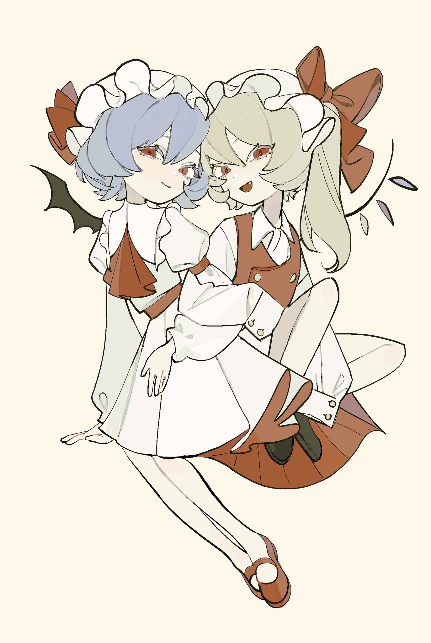 Safebooru - 2girls ascot bat wings blonde hair blue hair bow buttons crystal crystal wings dee ...