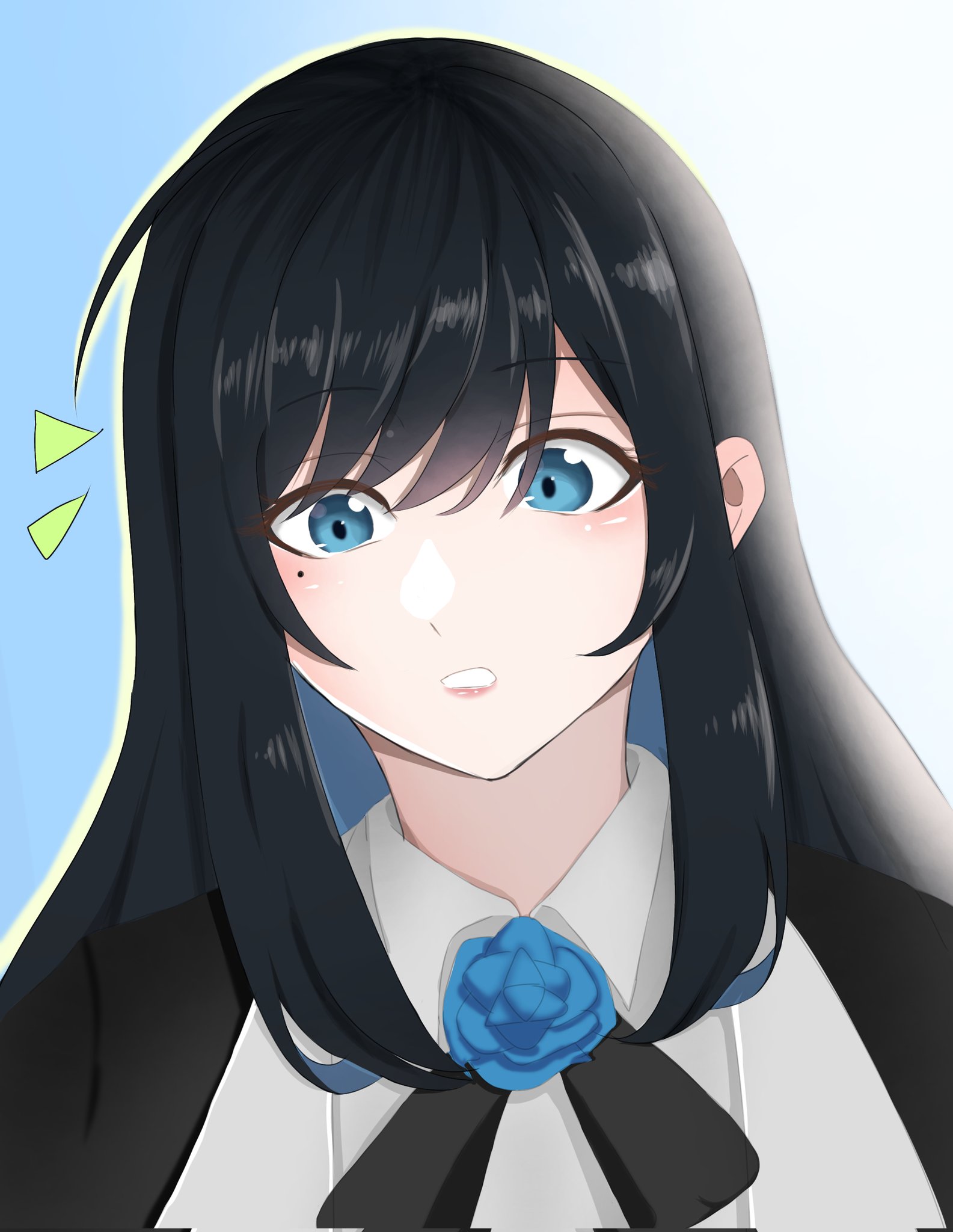 Safebooru - 1girl ado (utaite) aizcrest arts black hair black ribbon blue background blue eyes ...