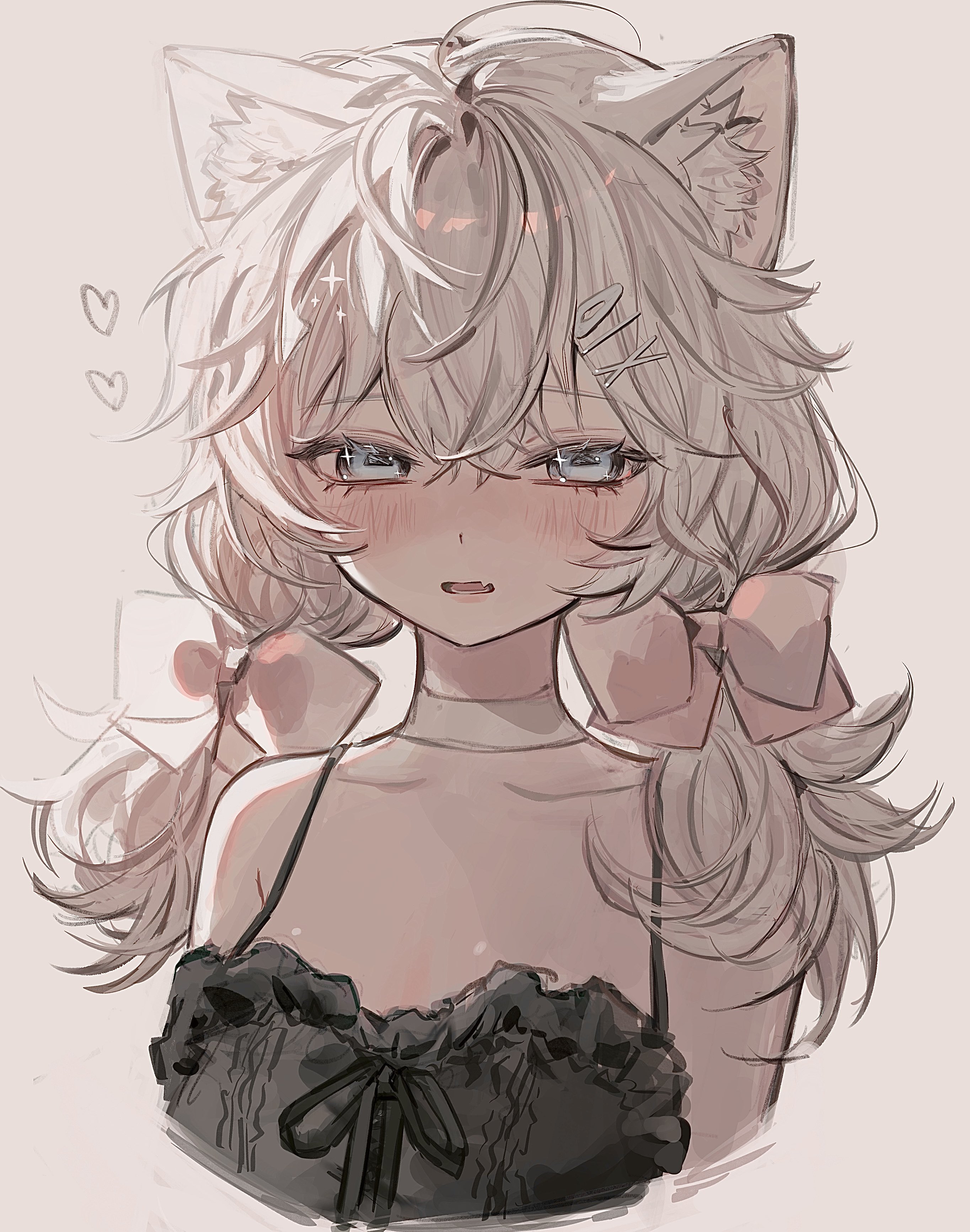 Safebooru - 1girl absurdres animal ears bare shoulders black ribbon blue eyes blush cat ears cat ...