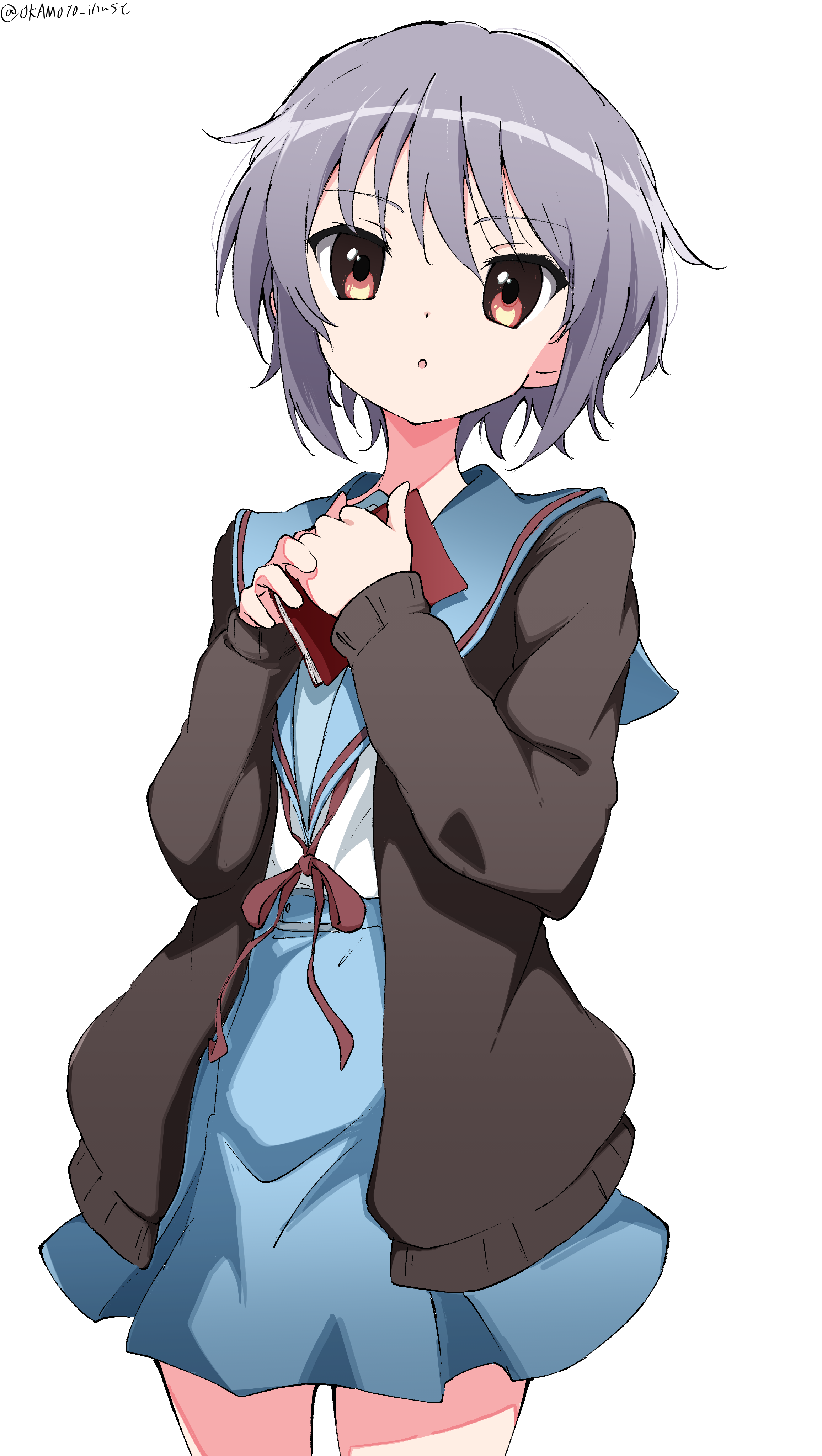 Safebooru - 1girl absurdres artist name blue sailor collar blue skirt book brown cardigan brown ...