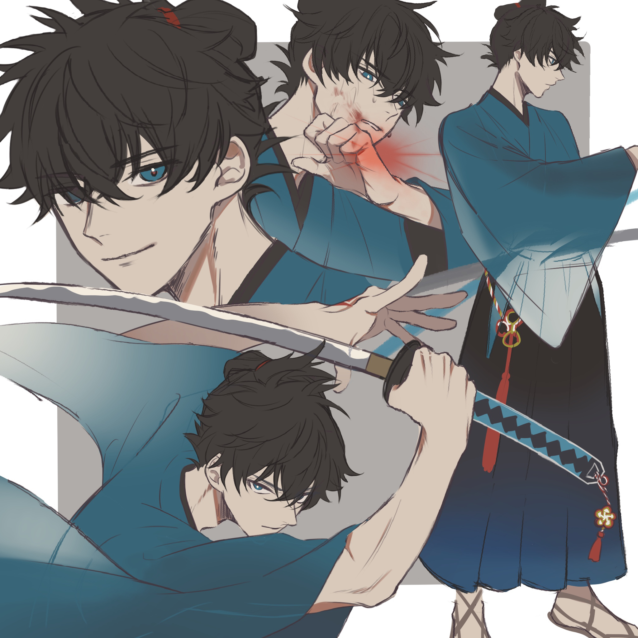 Safebooru - 1boy black hakama blood blood on face blue eyes blue kimono border brown hair closed ...