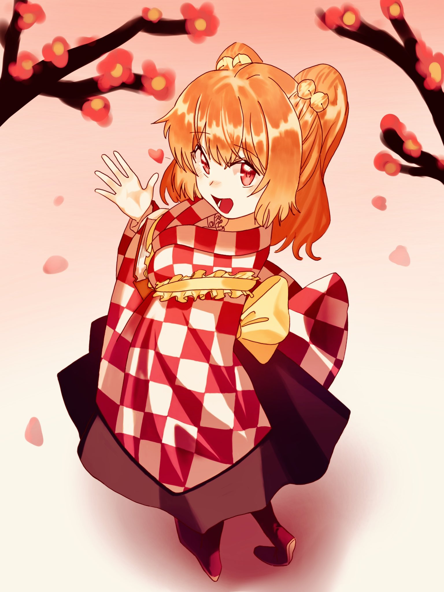 Safebooru - 1girl apron back bow bell black hakama black skirt bow checkered clothes checkered ...