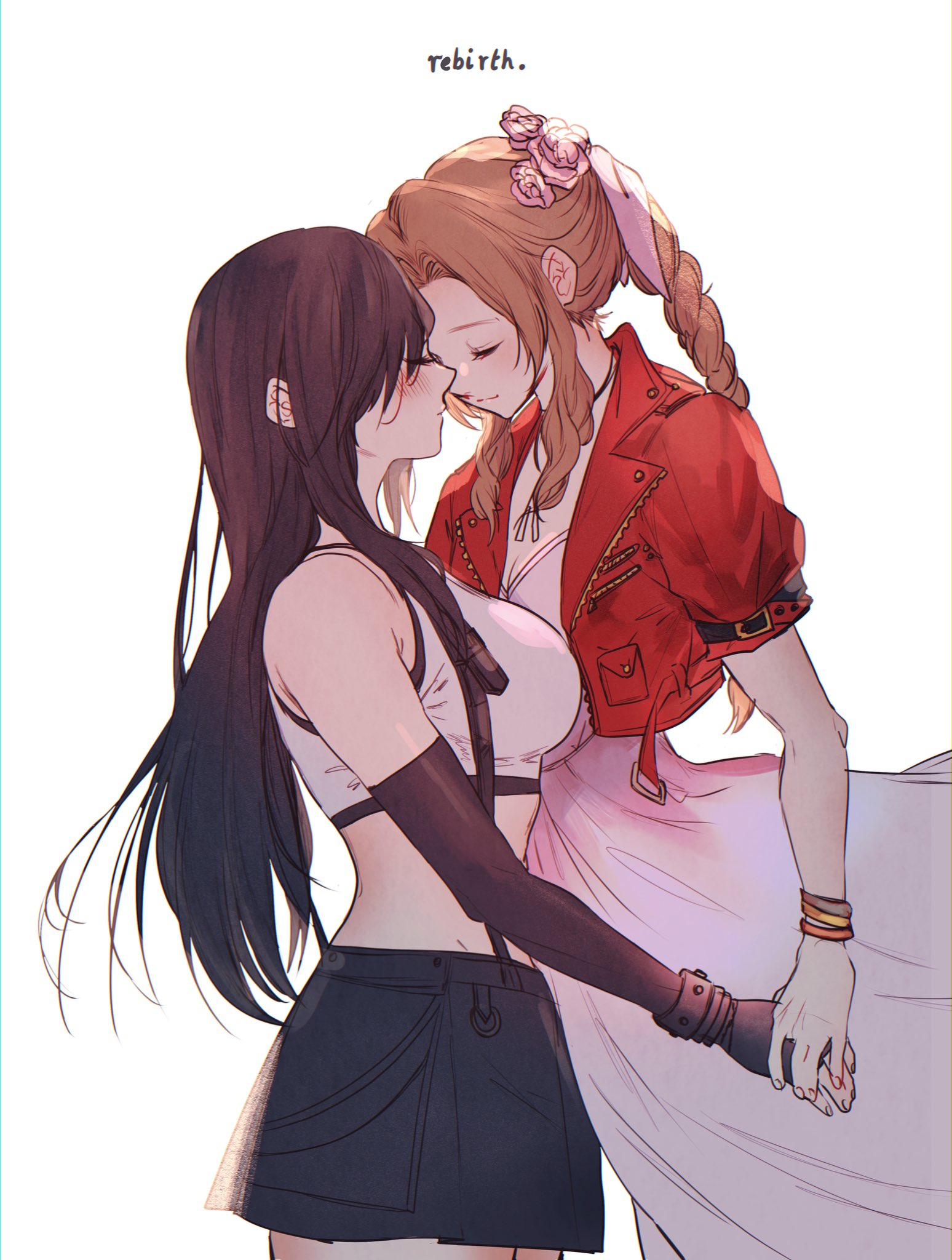 Safebooru - 2girls aerith gainsborough black gloves black hair black skirt blush braid brown ...