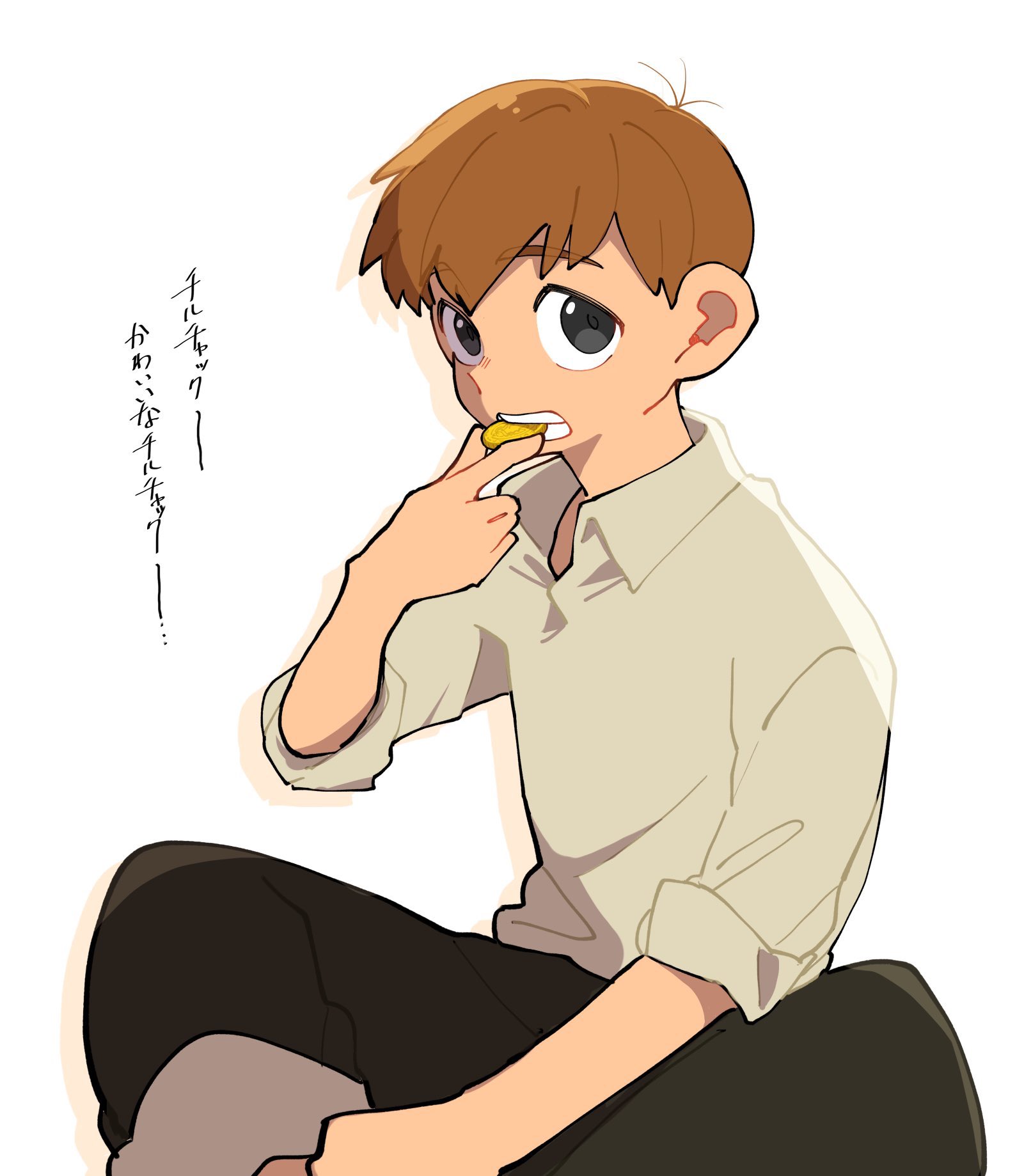 Safebooru - 1boy biting black eyes black pants brown hair chilchuck ...