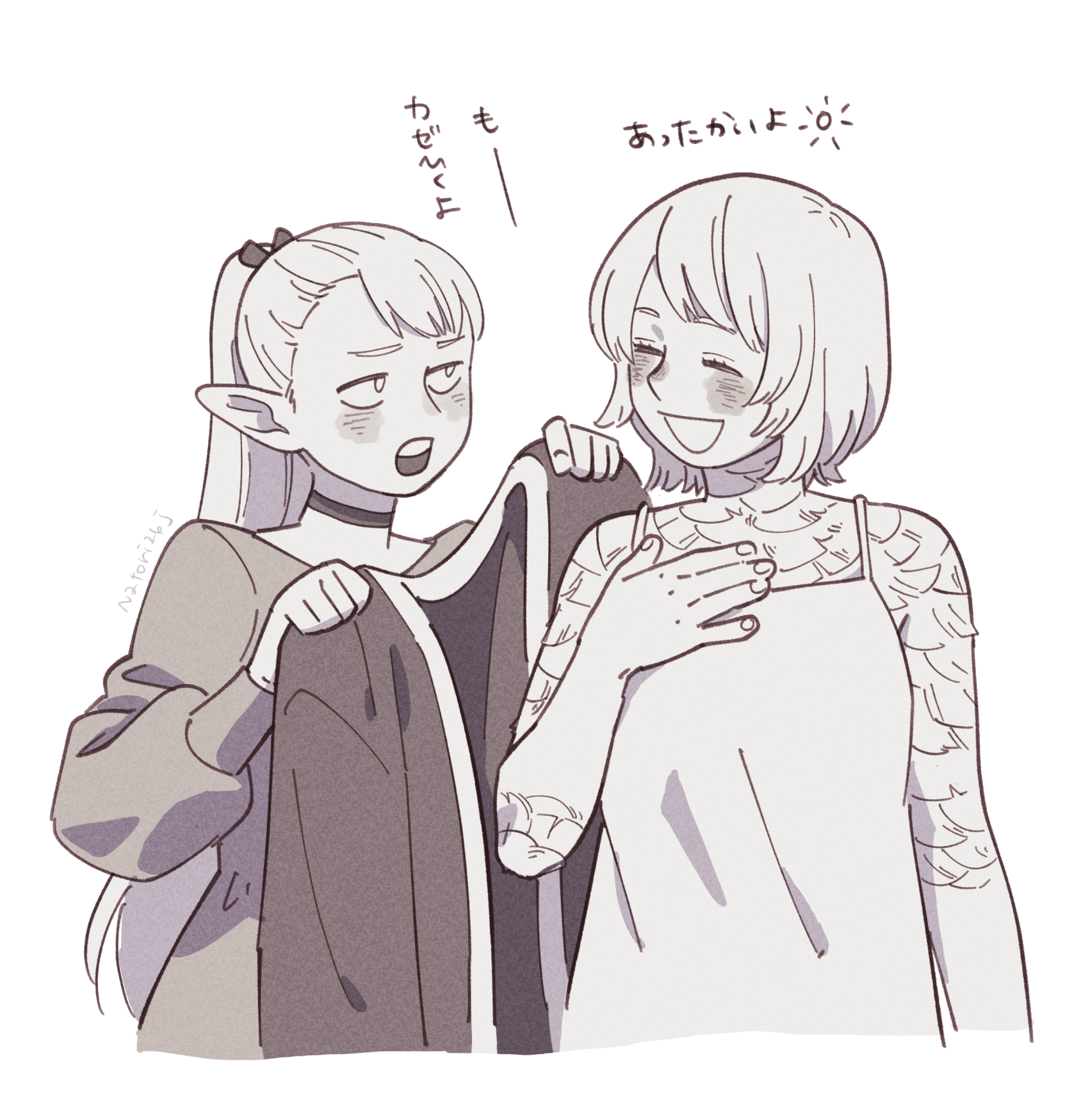 Safebooru - 2girls asymmetrical bangs blush choker closed eyes dress dungeon meshi falin thorden ...