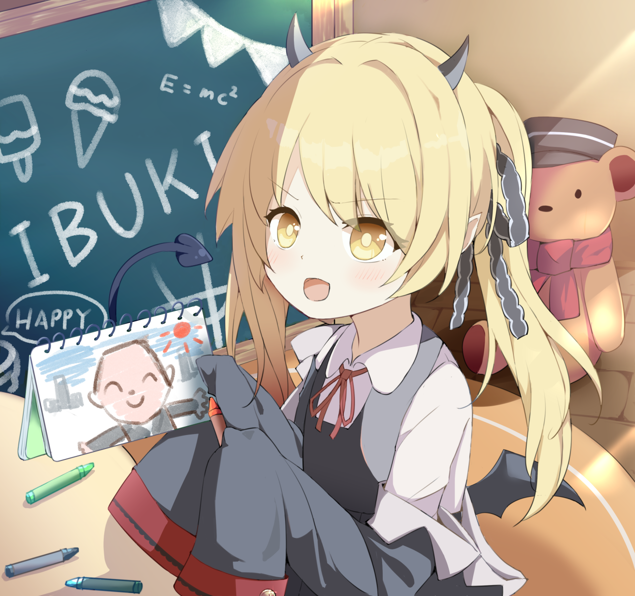 Safebooru - 1girl black coat black dress black horns black ribbon black tail black wings blonde ...