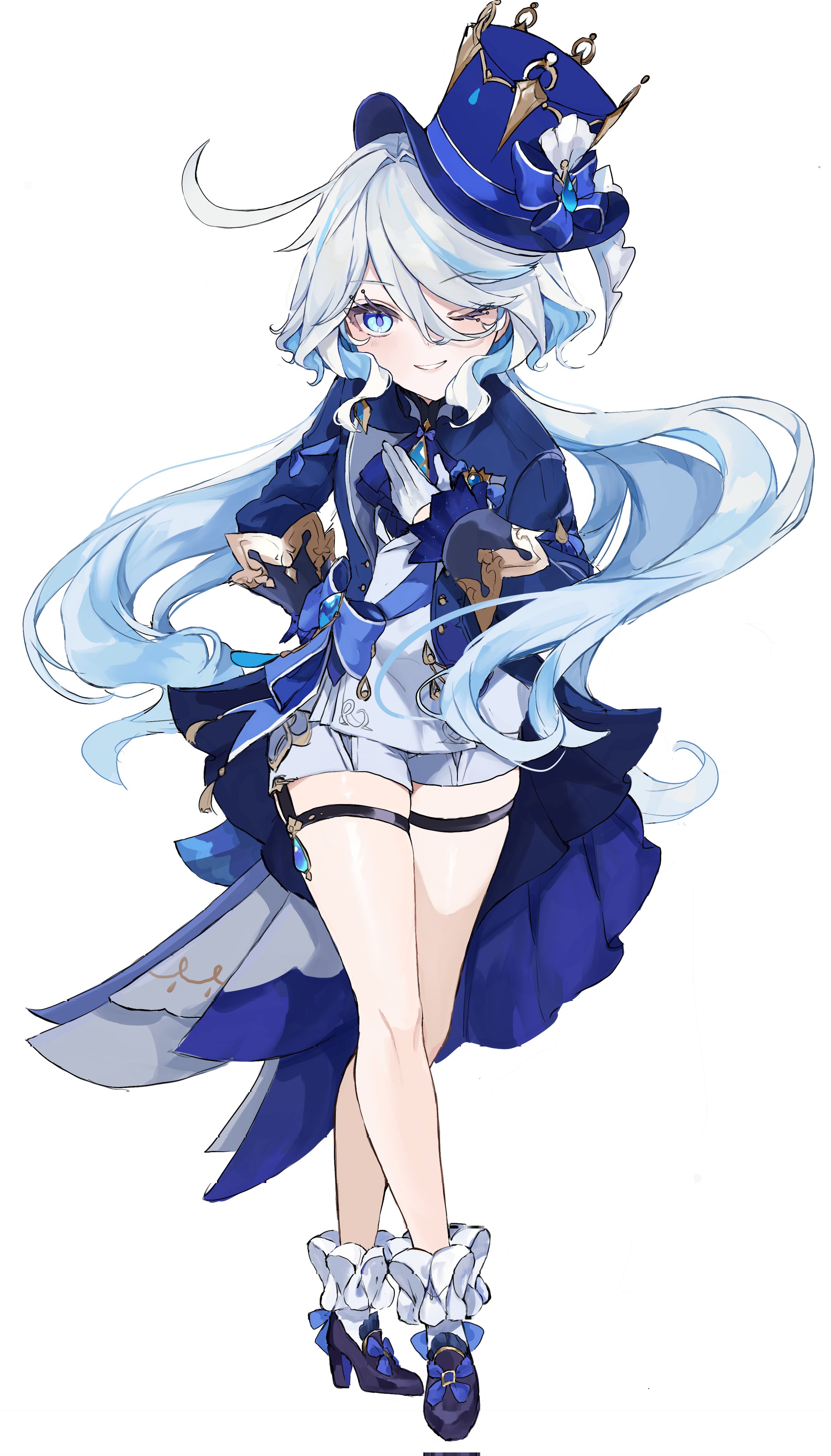 Safebooru - 1girl absurdres ahoge ascot asymmetrical gloves black footwear black gloves blue ...