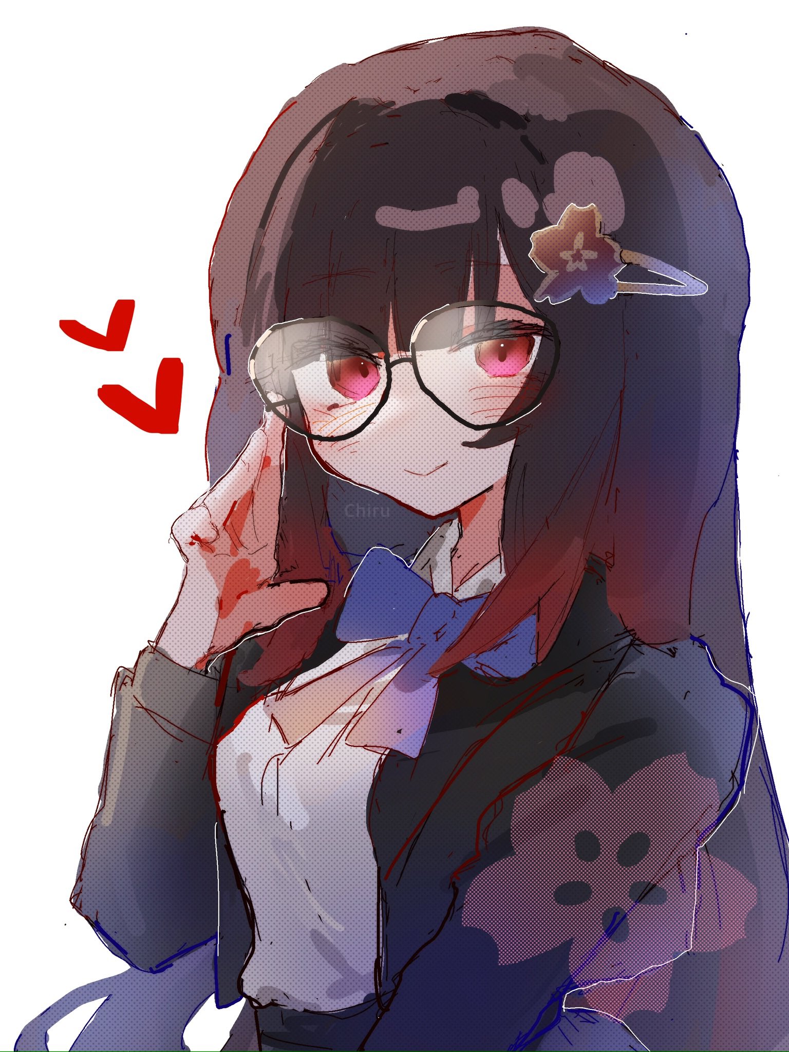 Safebooru - 1girl arm at side black-framed eyewear black jacket blazer blue bow blue bowtie ...